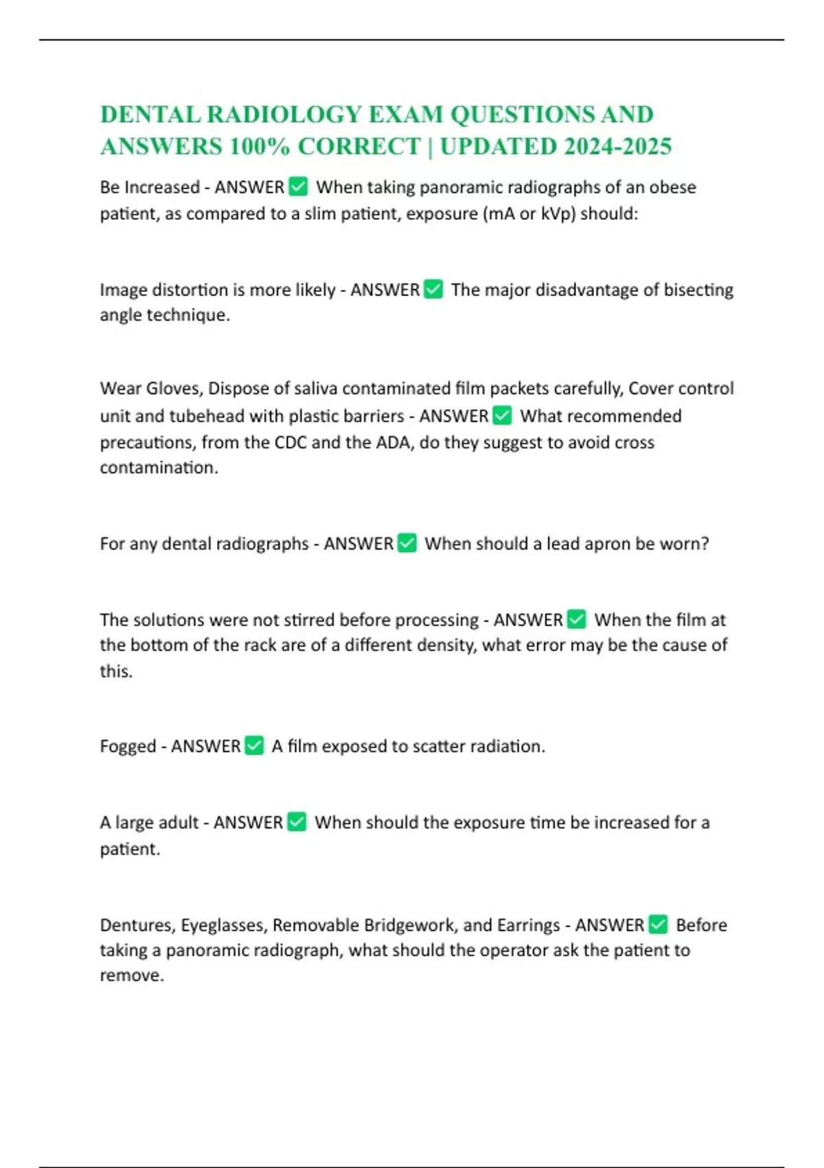 DENTAL RADIOLOGY EXAM QUESTIONS AND ANSWERS 100% CORRECT | UPDATED ...