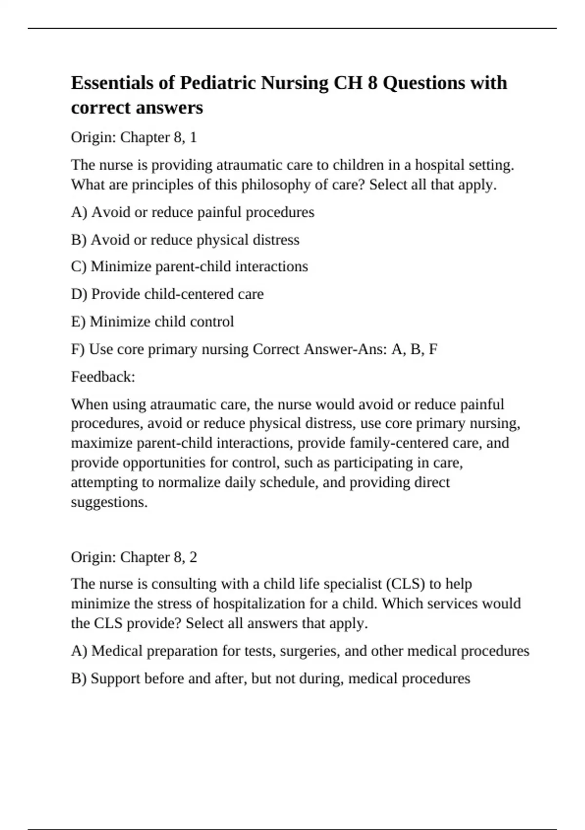 Essentials of Pediatric Nursing CH 8 Questions with correct answers ...
