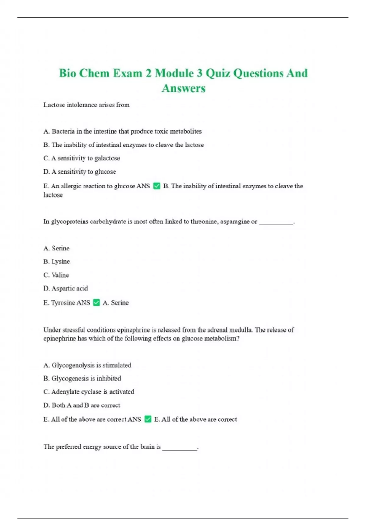 Bio Chem Exam 2 Module 3 Quiz Questions And Answers - Bio Chem - Stuvia US