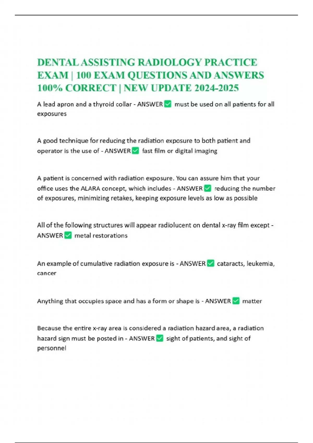 DENTAL ASSISTING RADIOLOGY PRACTICE EXAM | 100 EXAM QUESTIONS AND ...