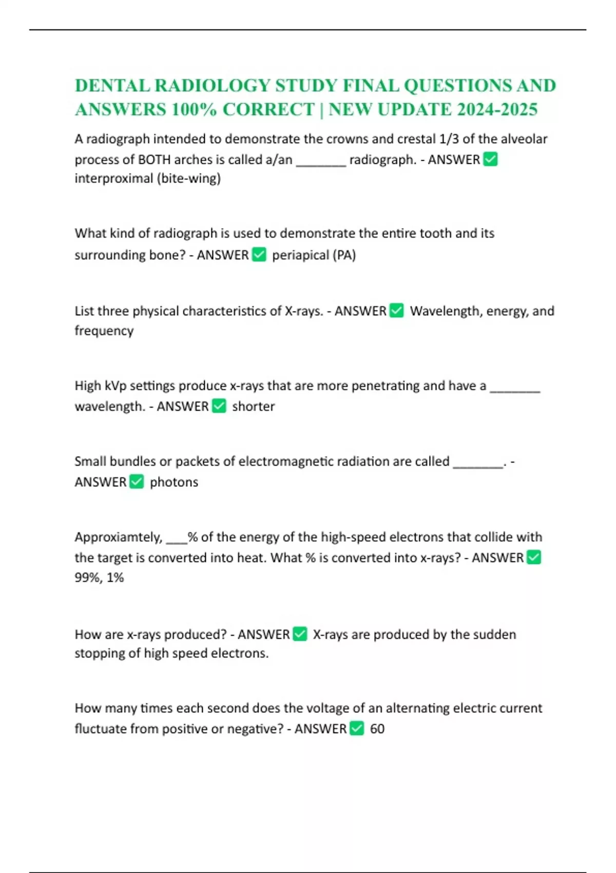 DENTAL RADIOLOGY STUDY FINAL QUESTIONS AND ANSWERS 100% CORRECT | NEW ...