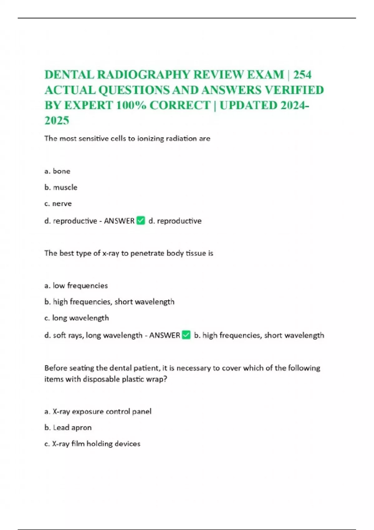 DENTAL RADIOGRAPHY REVIEW EXAM | 254 ACTUAL QUESTIONS AND ANSWERS ...