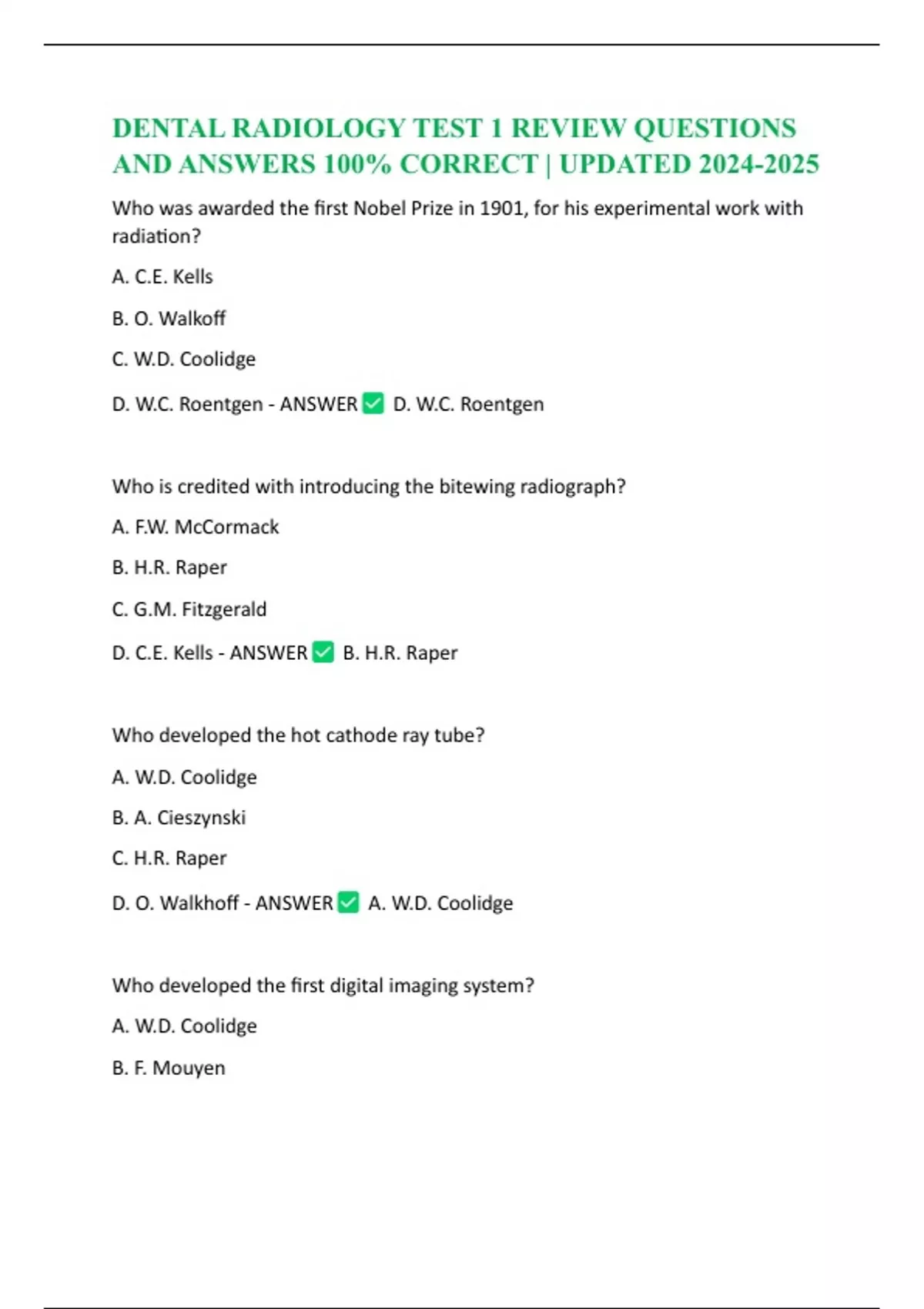 DENTAL RADIOLOGY TEST 1 REVIEW QUESTIONS AND ANSWERS 100% CORRECT ...