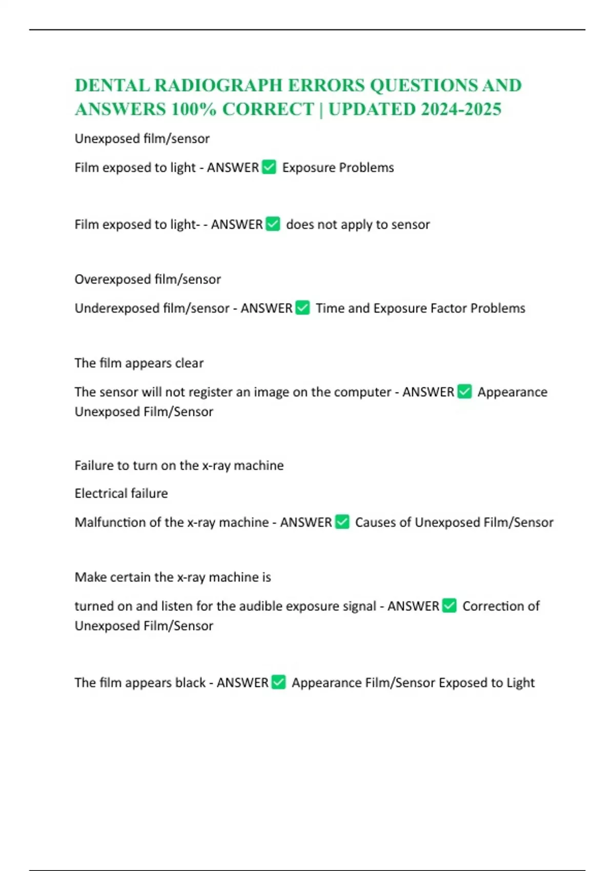 DENTAL RADIOGRAPH ERRORS QUESTIONS AND ANSWERS 100% CORRECT | UPDATED ...