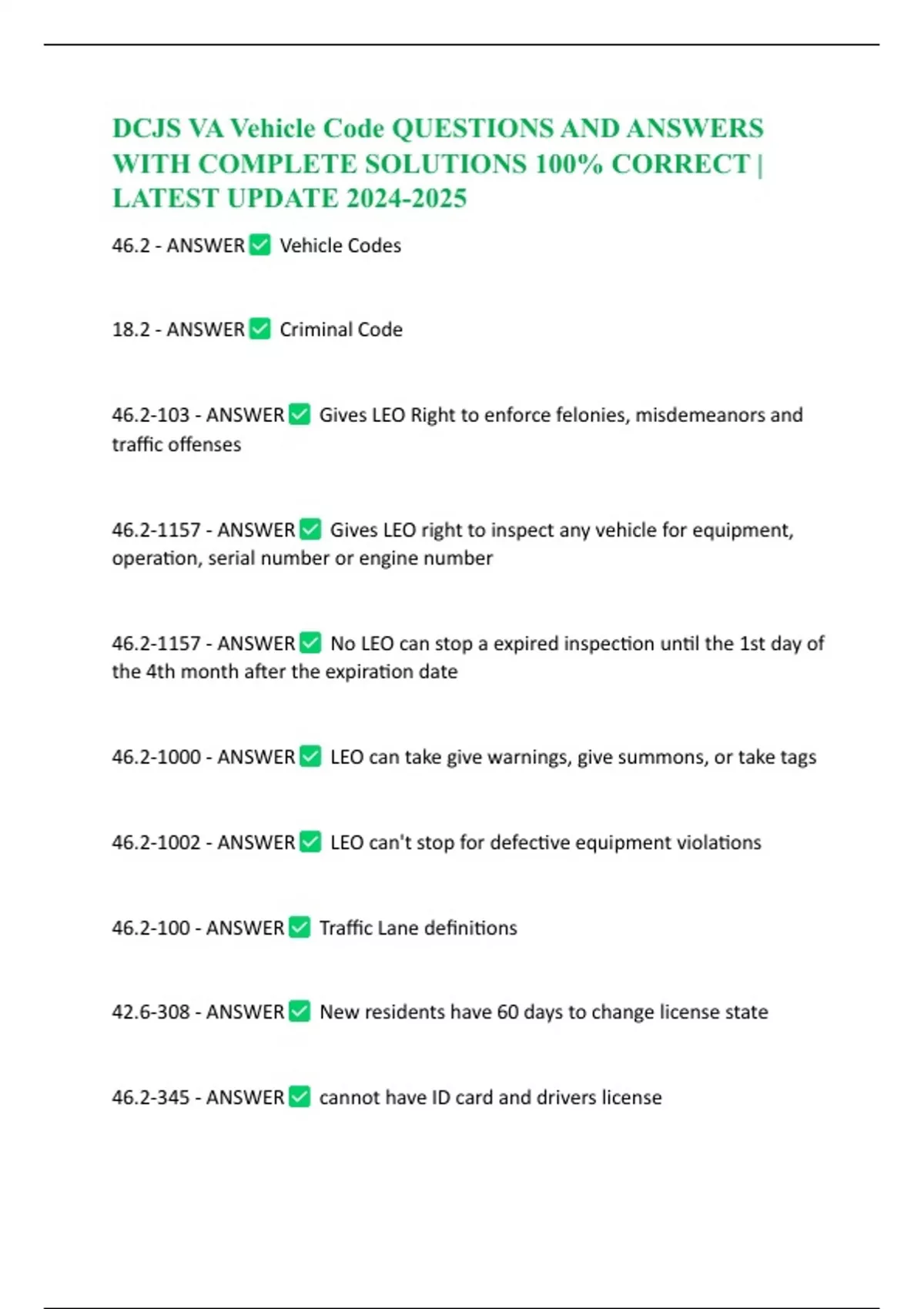 DCJS VA Vehicle Code QUESTIONS AND ANSWERS WITH COMPLETE SOLUTIONS 100% ...