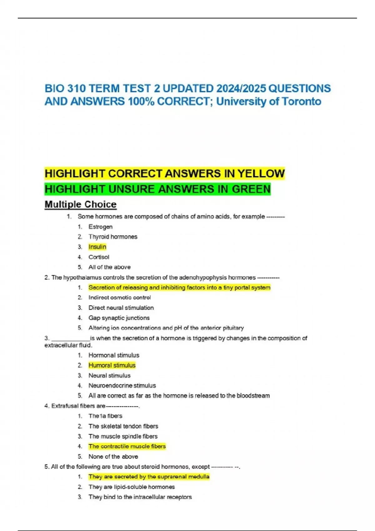 BIO 310 TERM TEST 2 UPDATED 2024/2025 QUESTIONS AND ANSWERS 100% ...