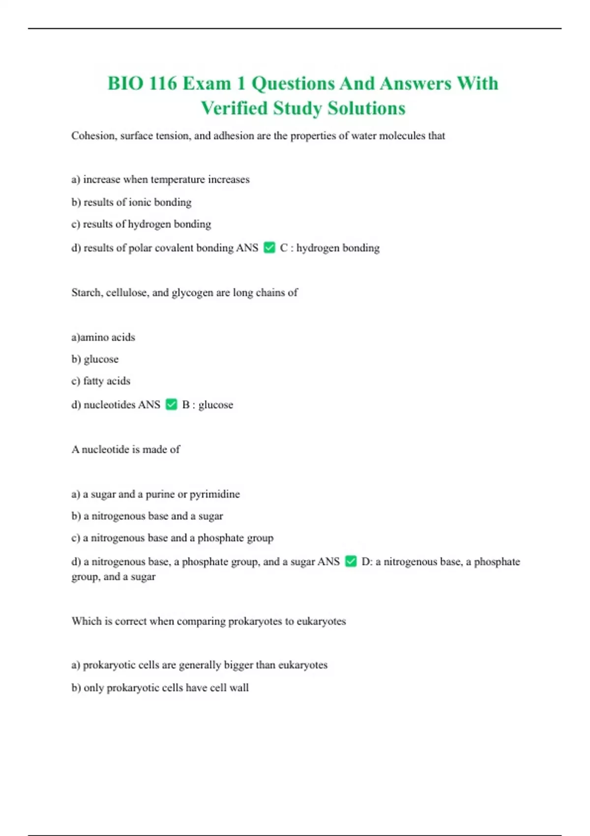 BIO 116 Exam 1 Questions And Answers With Verified Study Solutions ...
