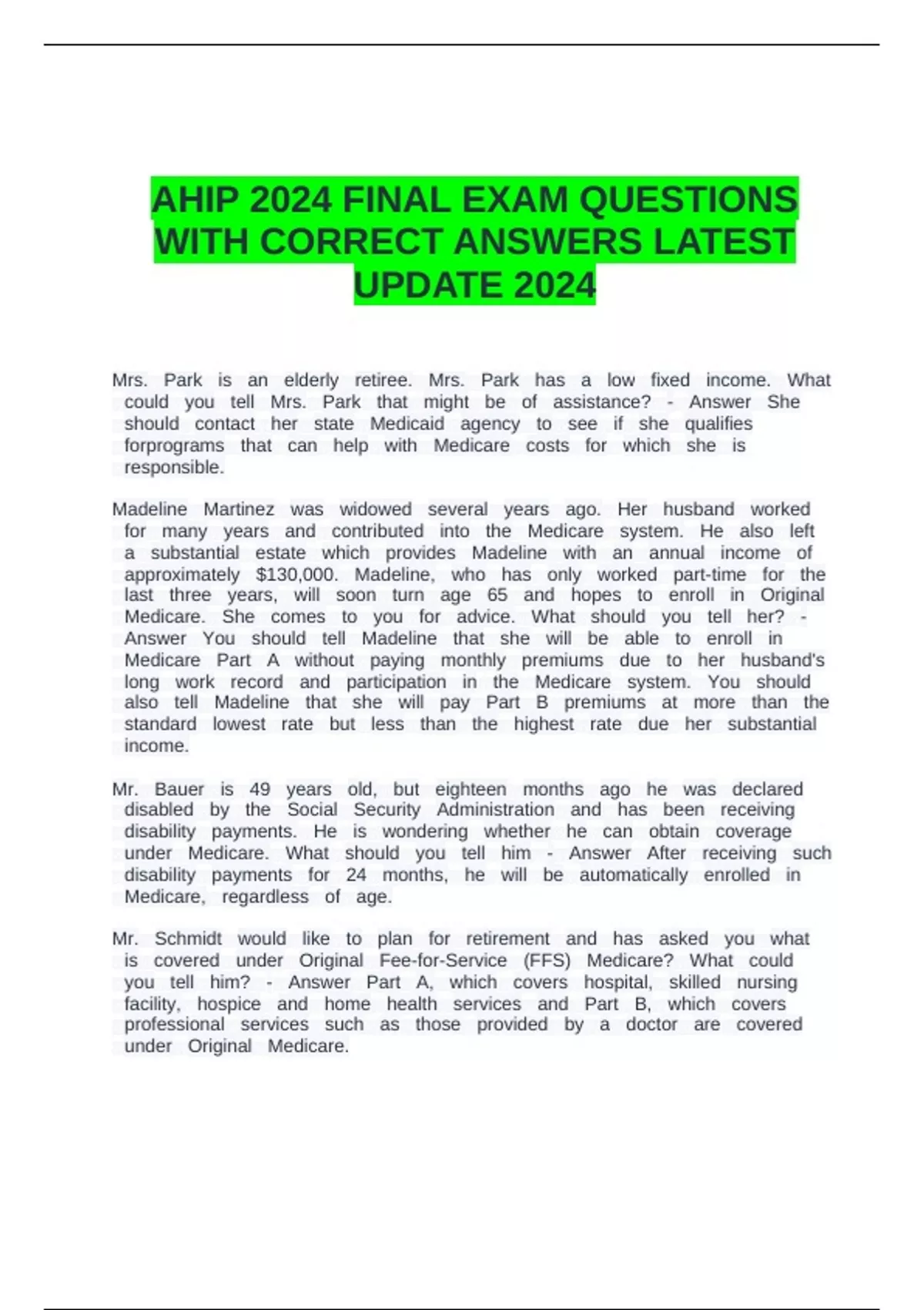 AHIP 2024 FINAL EXAM QUESTIONS WITH CORRECT ANSWERS LATEST UPDATE 2024 ...