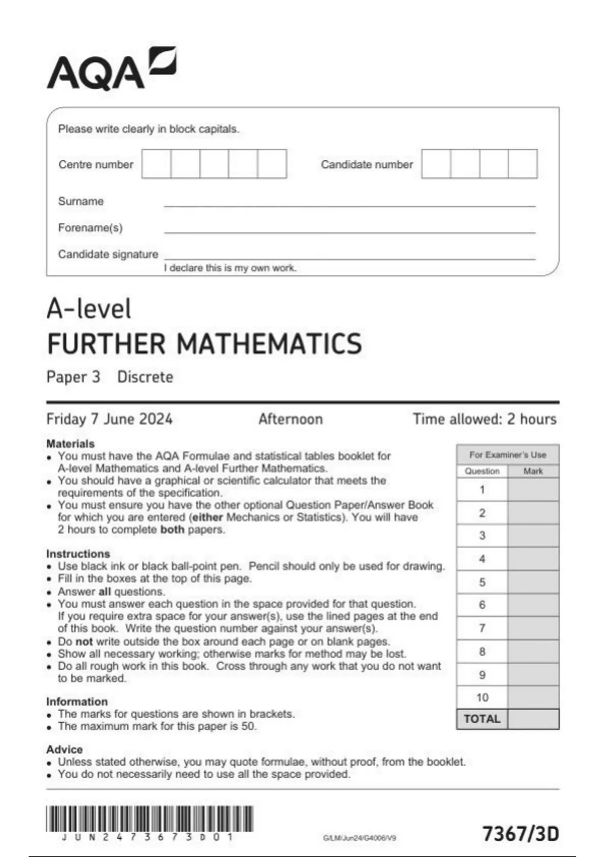 AQA Mathematics Further Mathematics 7367 3D Discrete question paper ...