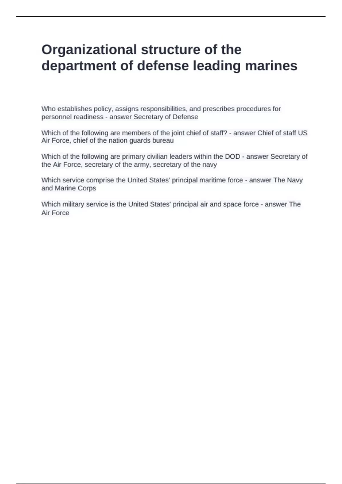 Organizational structure of the department of defense leading marines ...