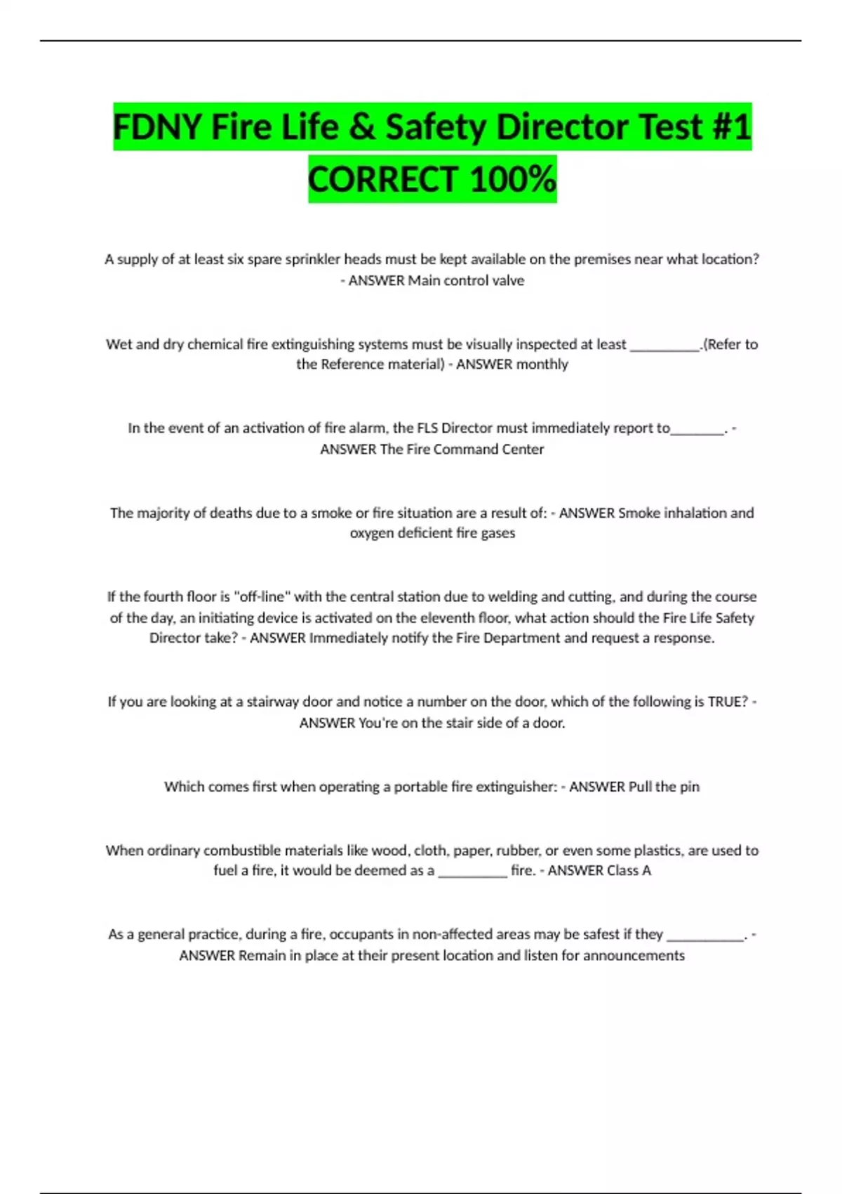 FDNY Fire Life & Safety Director Test #1 CORRECT 100% - FDNY Fire Life ...