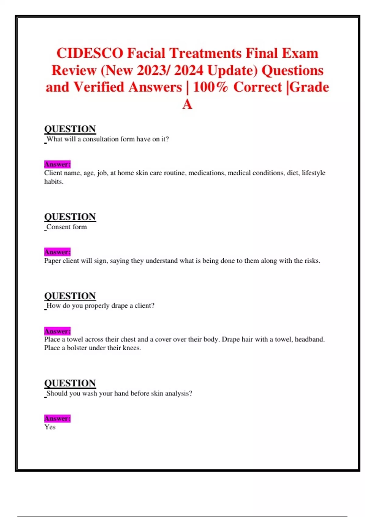 CIDESCO Facial Treatments Final Exam Review (New 2023/ 2024 Update ...