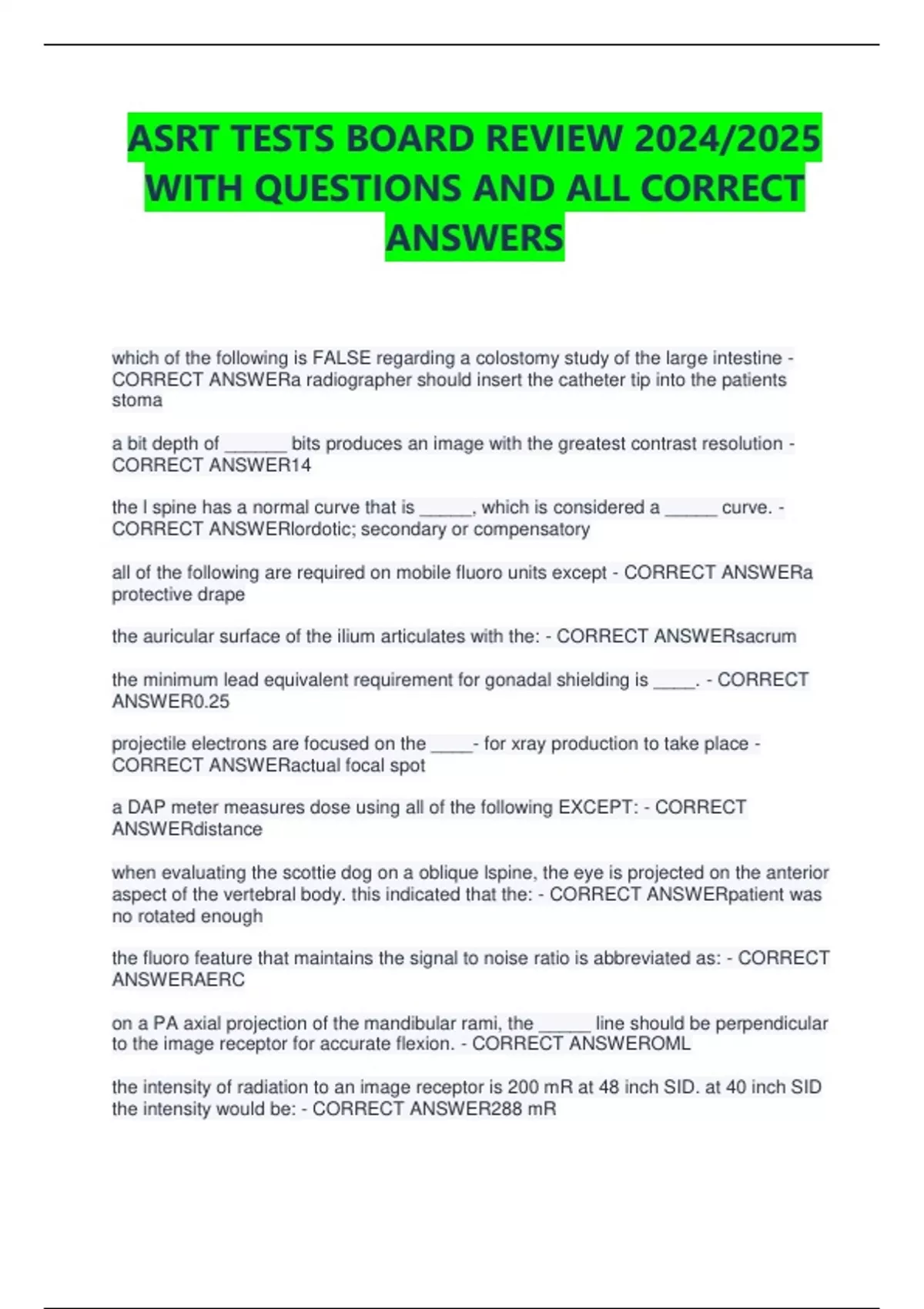 ASRT TESTS BOARD REVIEW 2024/2025 WITH QUESTIONS AND ALL CORRECT ...