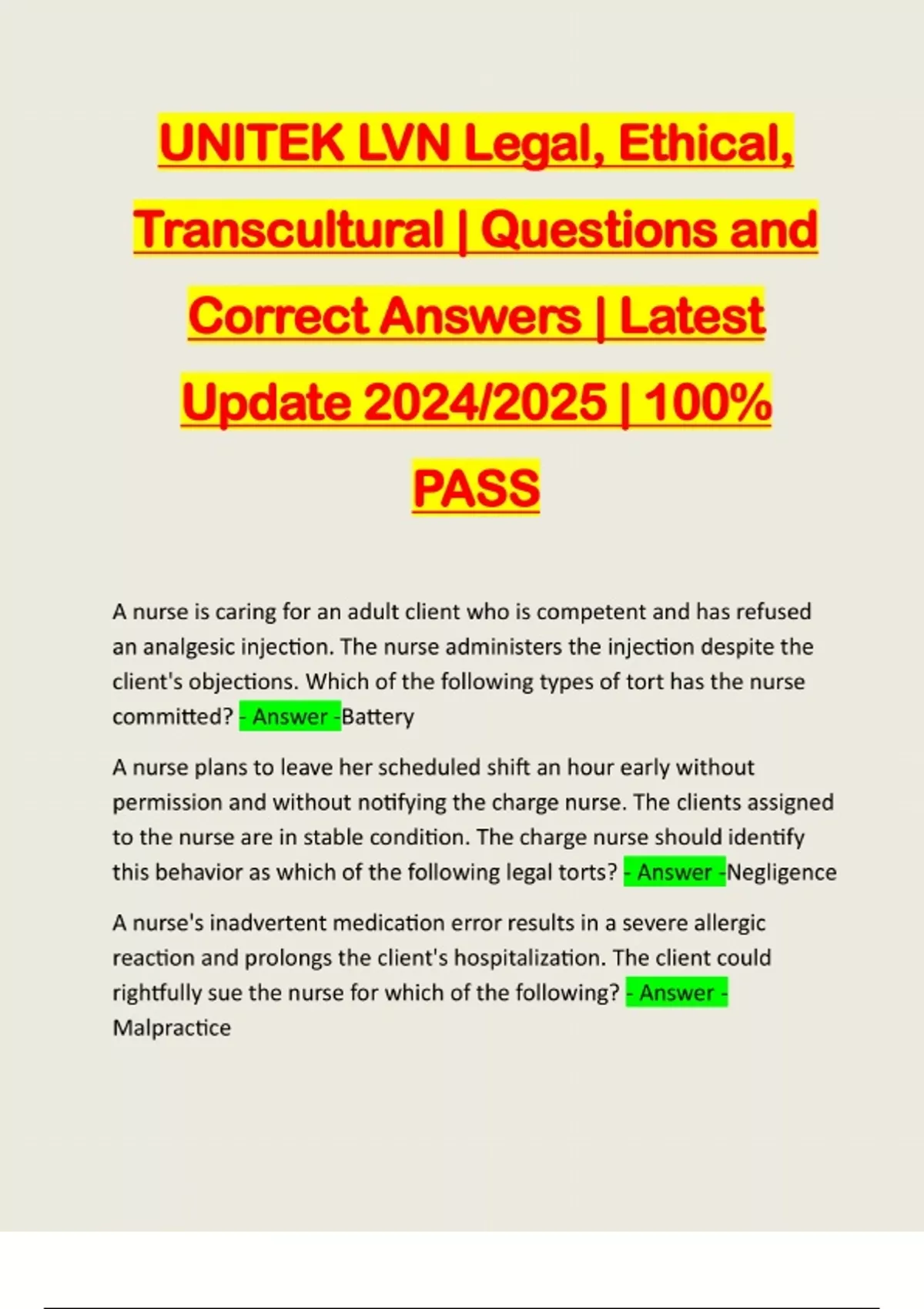 UNITEK LVN BUNDLED EXAMS::::: QUESTIONS AND CORRECT ANSWERS | LATEST ...