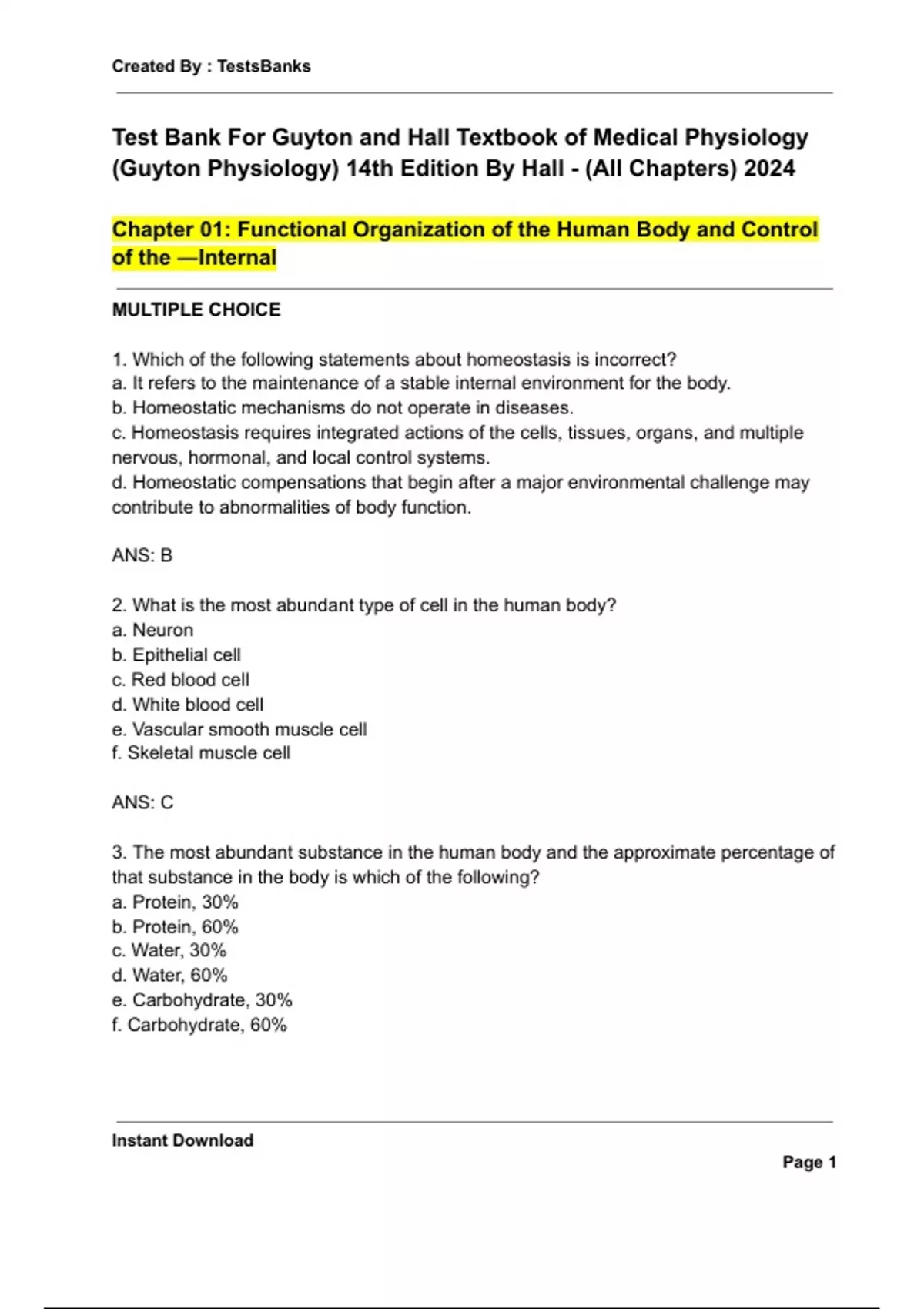 Test Bank For Guyton and Hall Textbook of Medical Physiology (Guyton ...