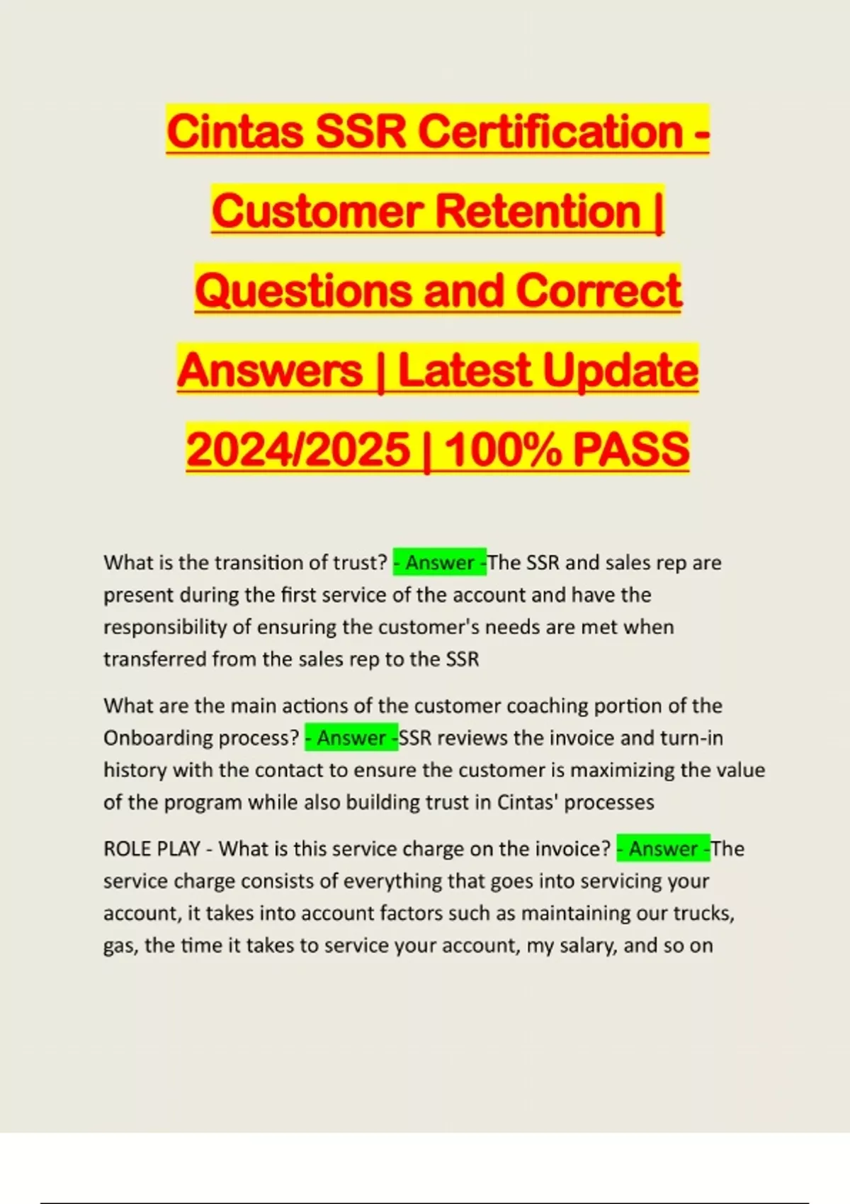 Cintas SSR Certification - Customer Retention | Questions and Correct ...