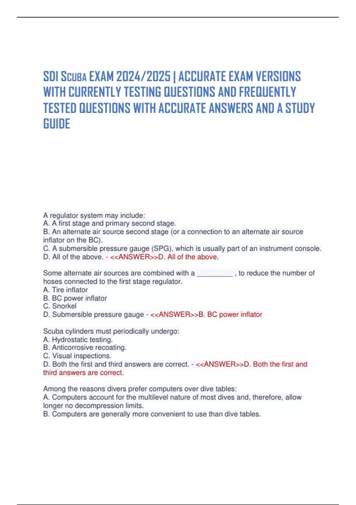 SDI SCUBA EXAM 2024/2025 | ACCURATE EXAM VERSIONS WITH CURRENTLY ...
