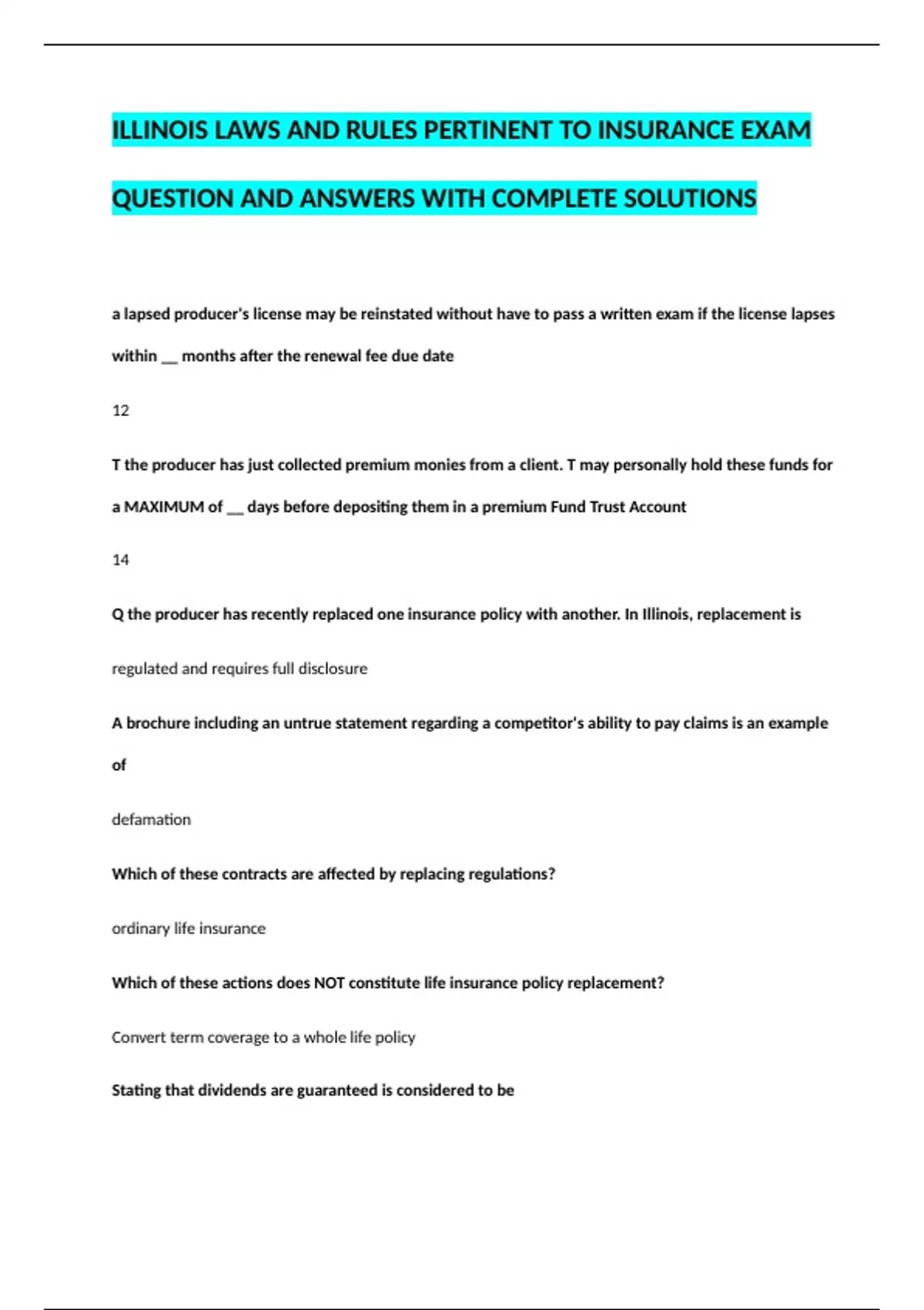 ILLINOIS LAWS AND RULES PERTINENT TO INSURANCE EXAM QUESTION AND ...