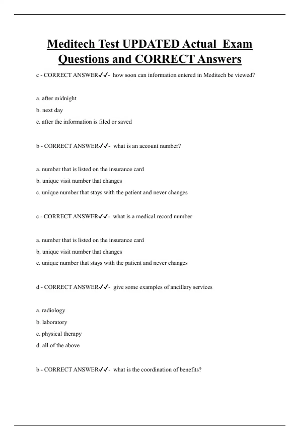 Meditech Test Updated Actual Exam Questions And Correct Answers Meditech Stuvia Us