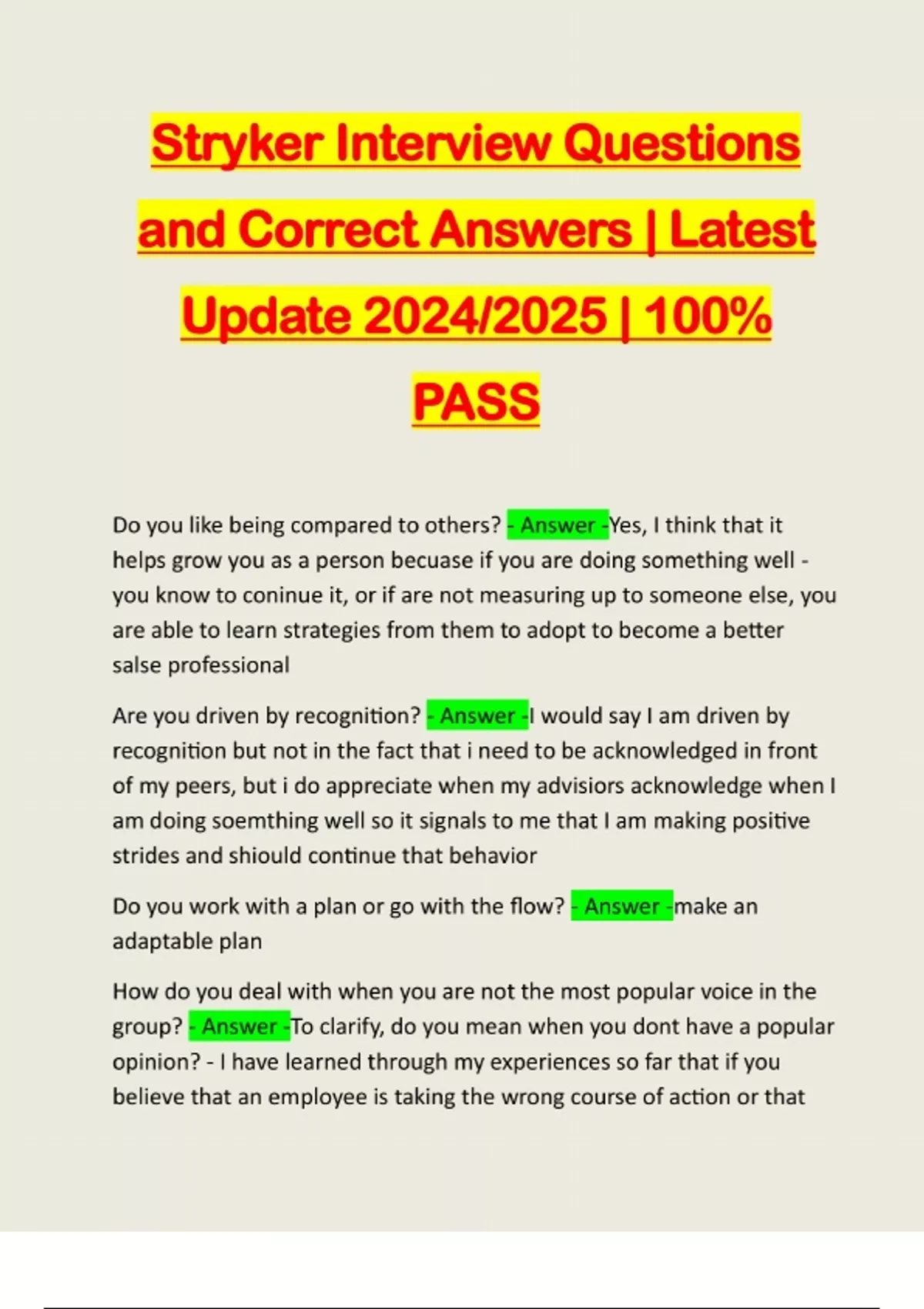 Stryker Interview Questions and Correct Answers | Latest Update 2024/ ...