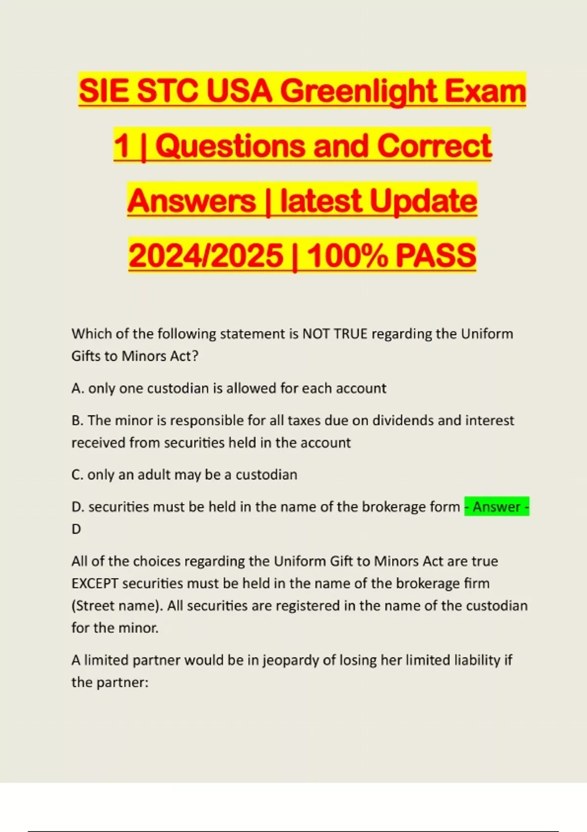 SIE STC USA Greenlight Exam 1 | Questions and Correct Answers | latest ...
