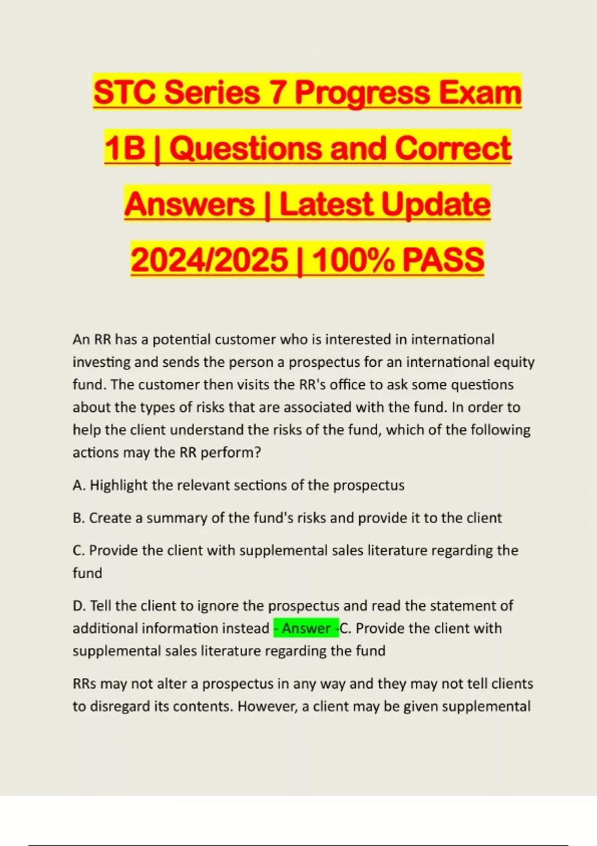 STC Series 7 Progress Exam 1B | Questions and Correct Answers | Latest ...