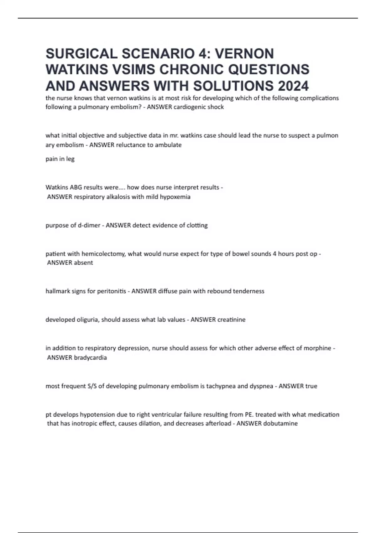 SURGICAL SCENARIO 4: VERNON WATKINS VSIMS CHRONIC QUESTIONS AND ANSWERS WITH SOLUTIONS 2024 ...