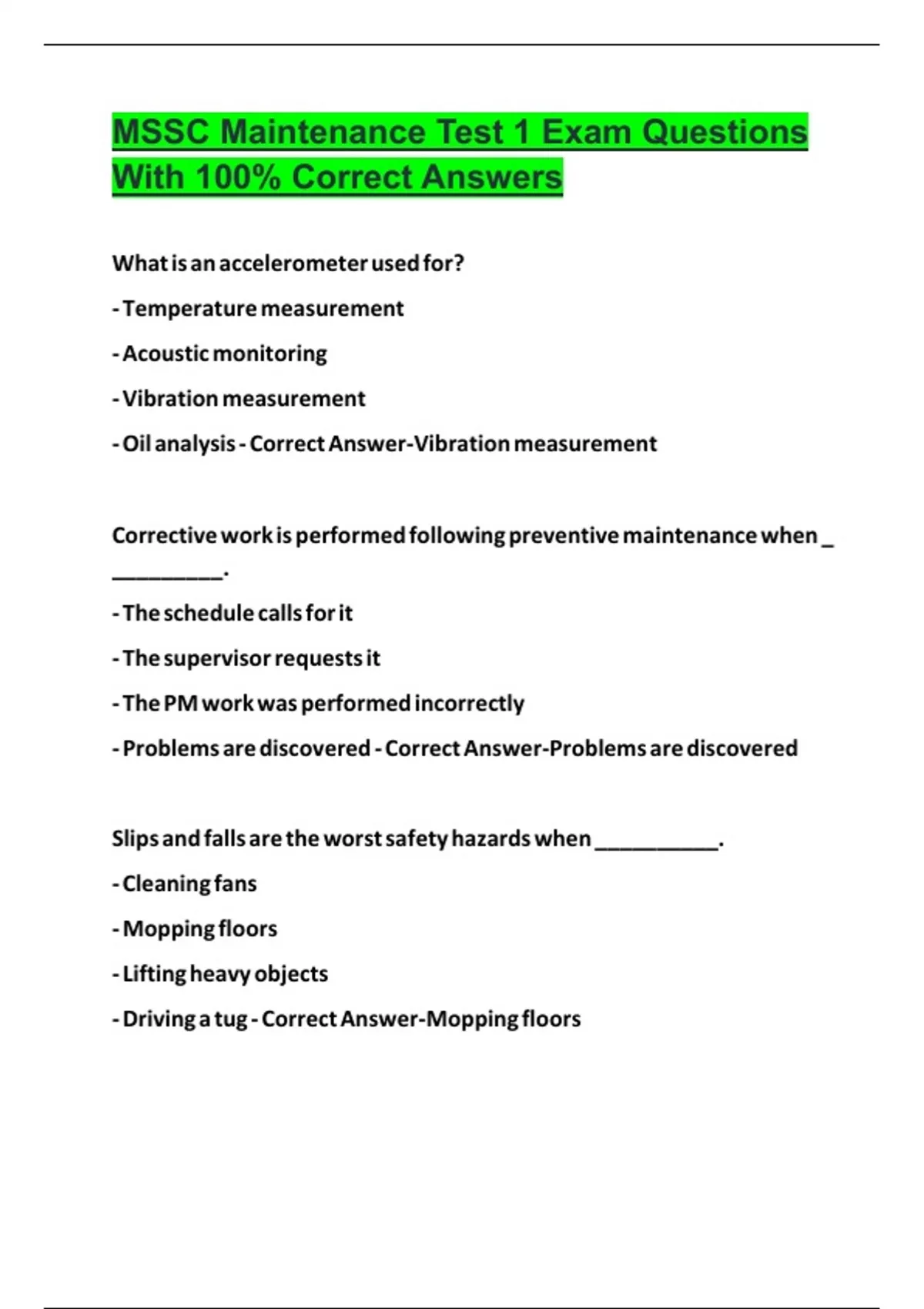MSSC Maintenance Test 1 Exam Questions With 100% Correct Answers 2024 ...