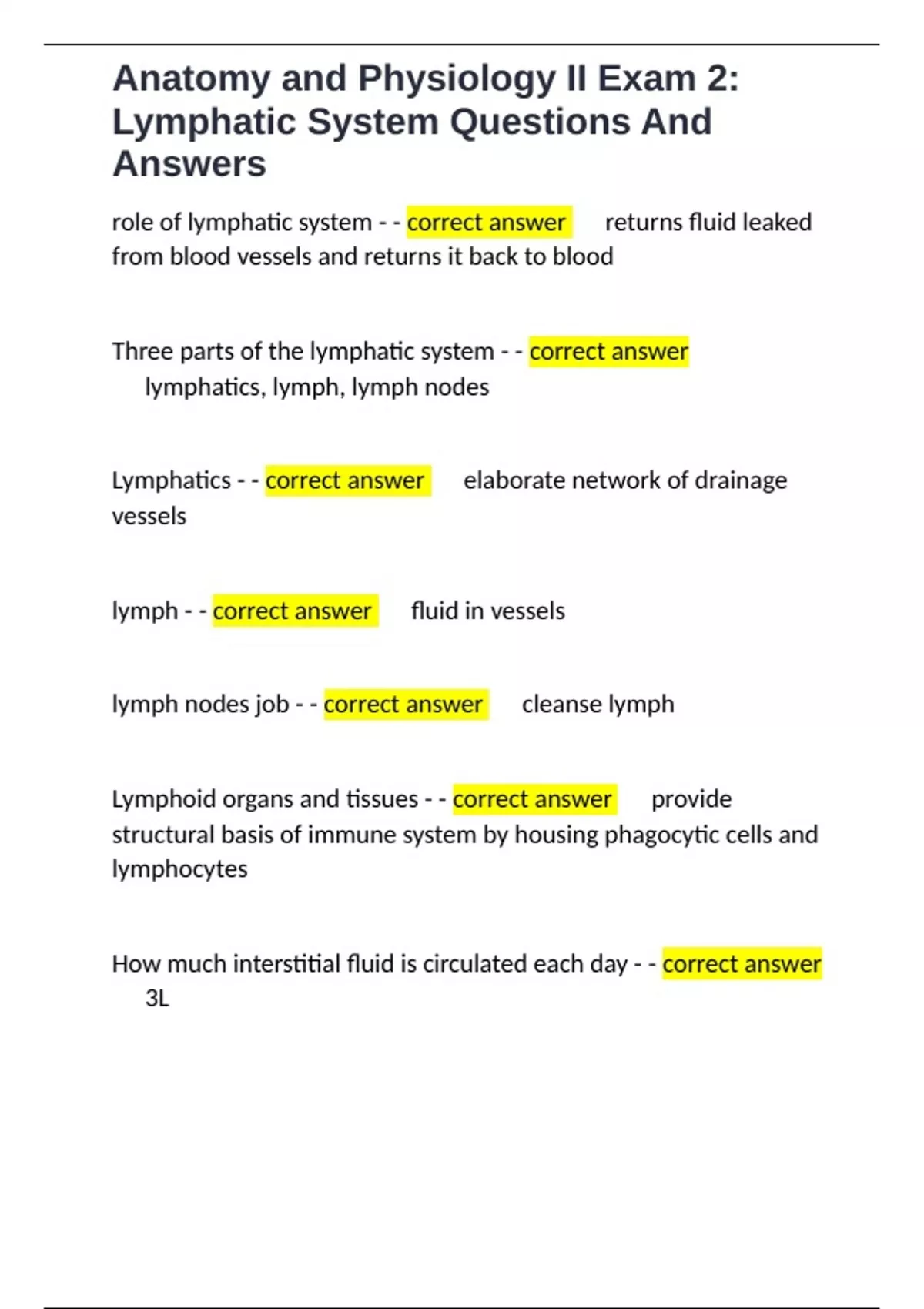 Anatomy and Physiology II Exam 2: Lymphatic System Questions And ...