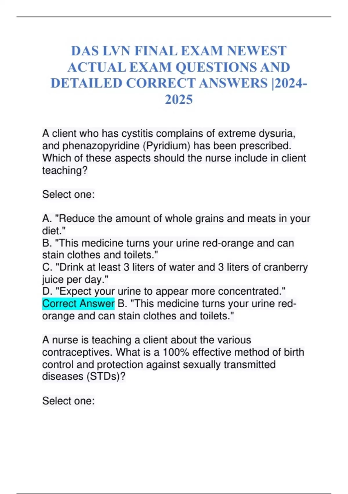 DAS LVN FINAL EXAM NEWEST ACTUAL EXAM QUESTIONS AND DETAILED CORRECT ...
