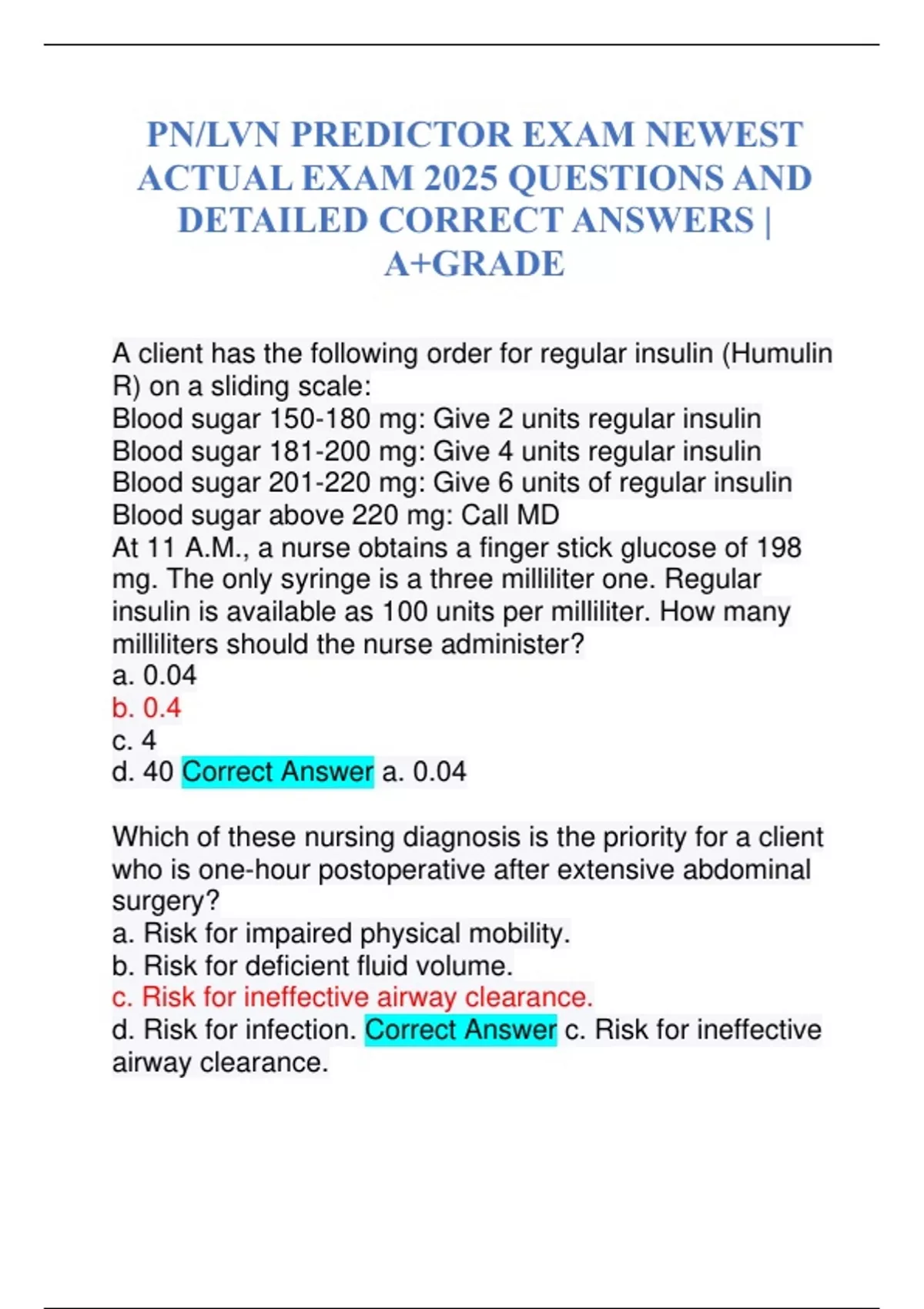 PN/LVN PREDICTOR EXAM NEWEST ACTUAL EXAM 2025 QUESTIONS AND DETAILED ...