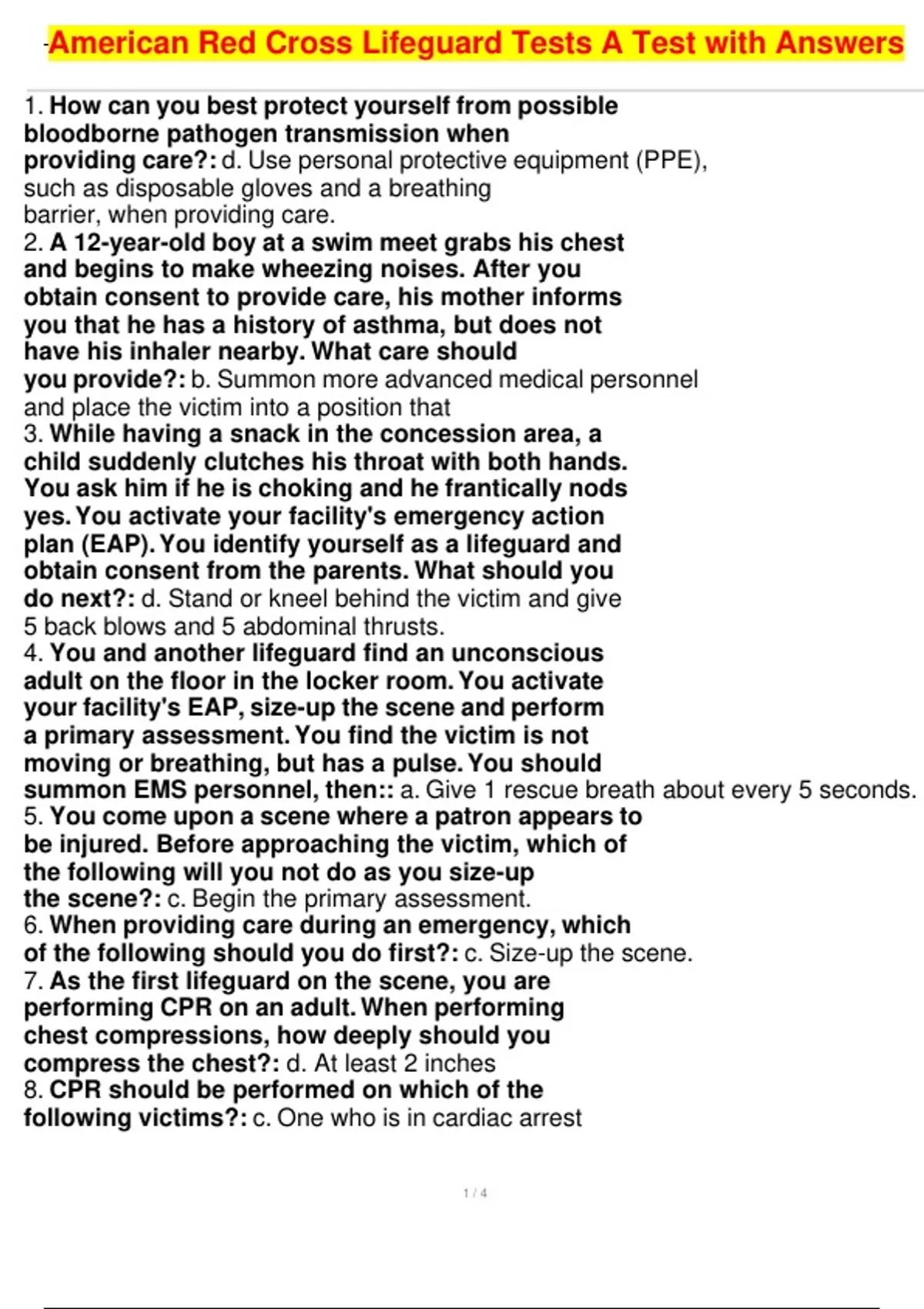 American Red Cross Lifeguard Tests A Test with Answers - American Red ...
