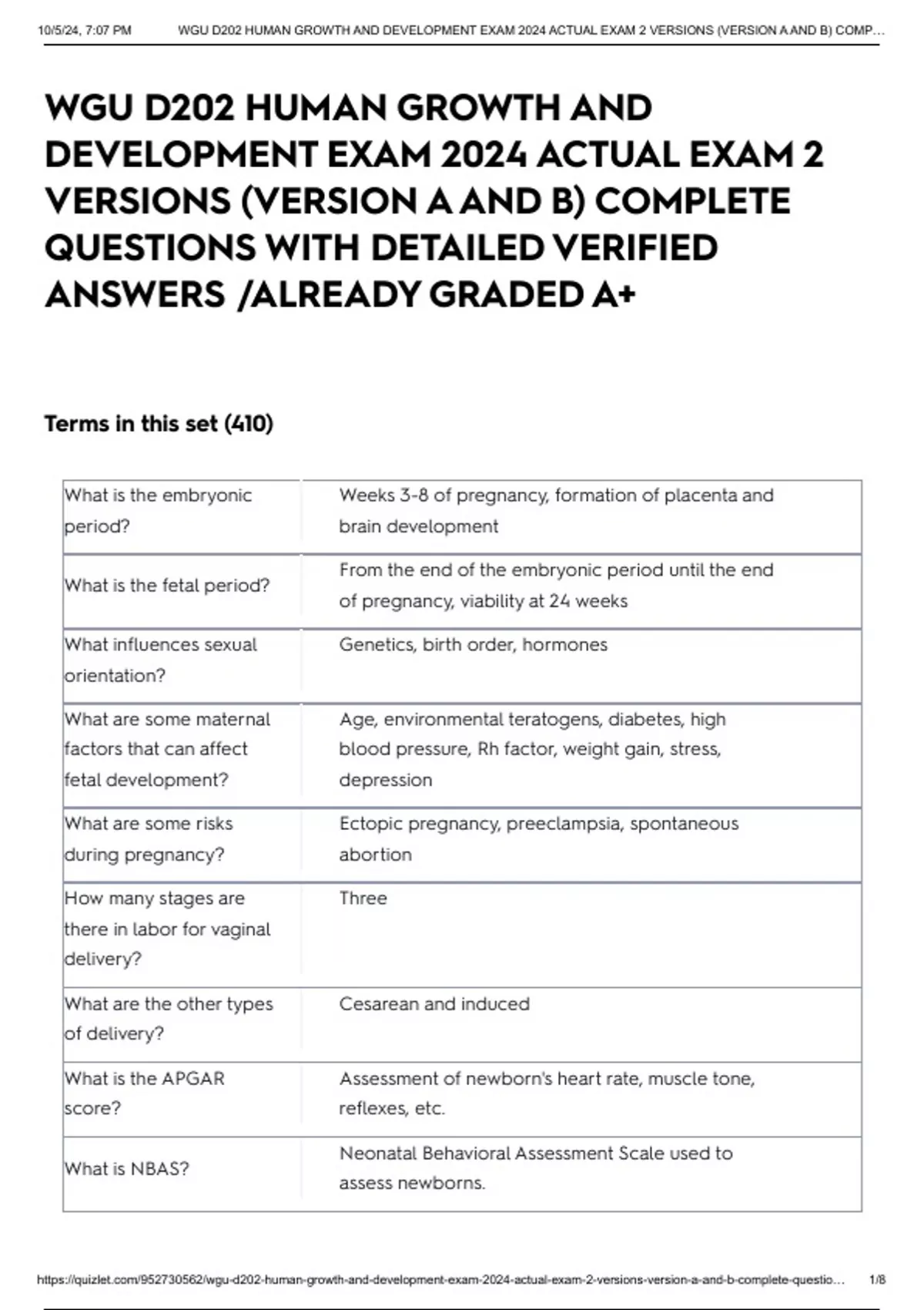 WGU D202 HUMAN GROWTH AND DEVELOPMENT EXAM 2024 ACTUAL EXAM 2 VERSIONS (VERSION A AND B ...