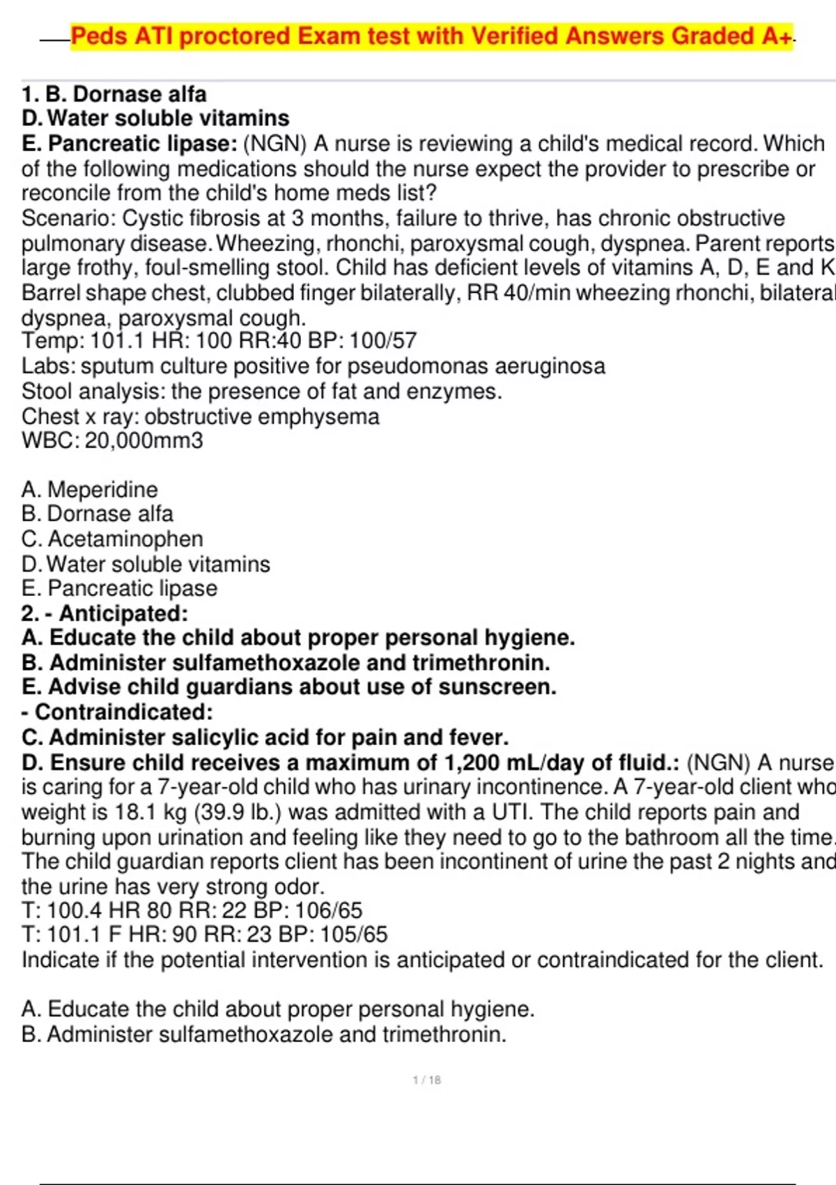Peds ATI proctored Exam test with Verified Answers Graded A+ - Peds ATI ...