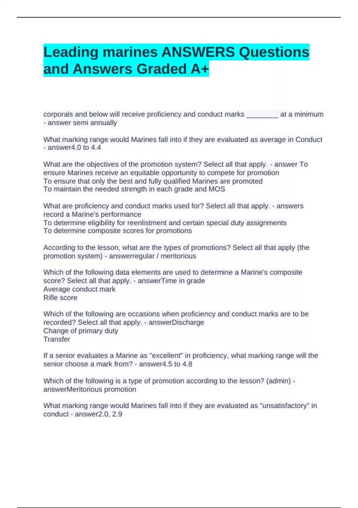 Leading marines ANSWERS Questions and Answers Graded A+ - Leading ...