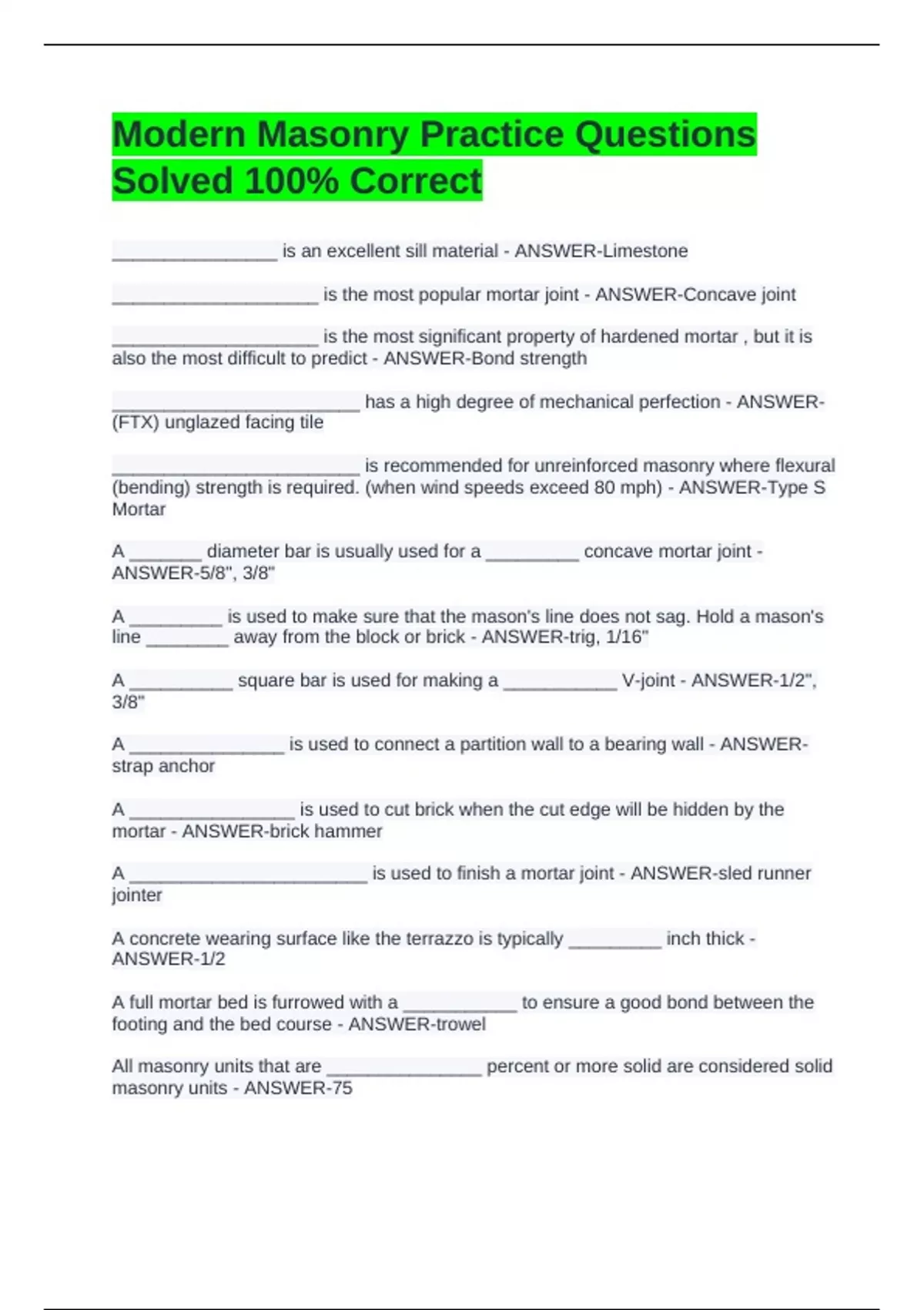 Modern Masonry Practice Questions Solved 100% Correct - Masonry - Stuvia US