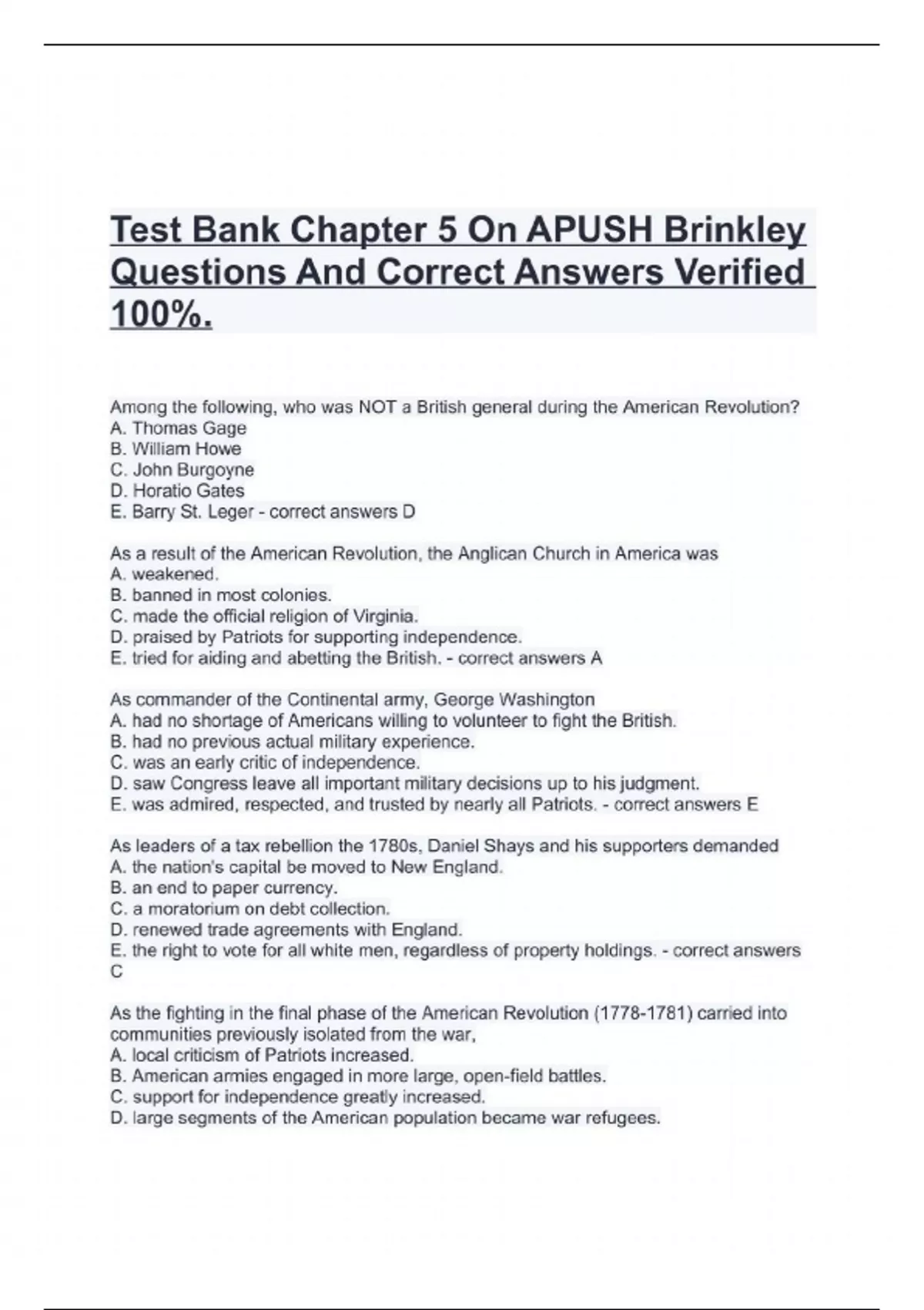 Test Bank Chapter 5 On APUSH Brinkley Questions And Correct Answers ...