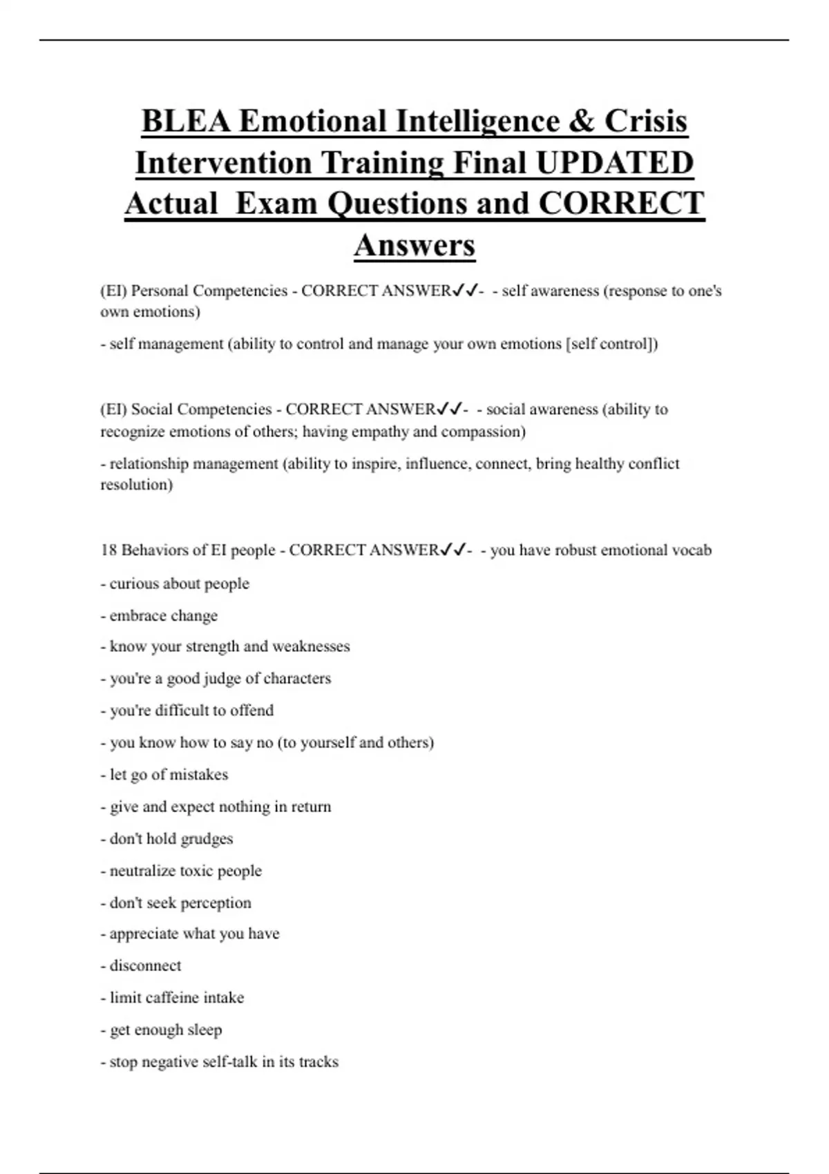 BLEA Emotional Intelligence & Crisis Intervention Training Final UPDATED Actual Exam Questions ...