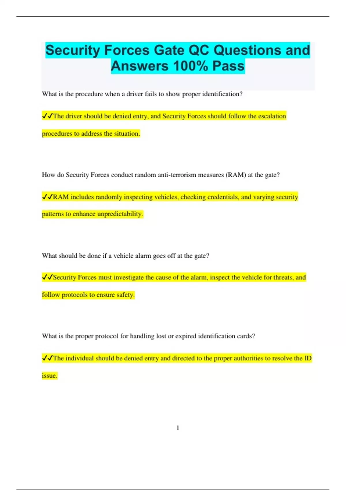Security Forces Gate QC Questions and Answers 100% Pass - Security ...