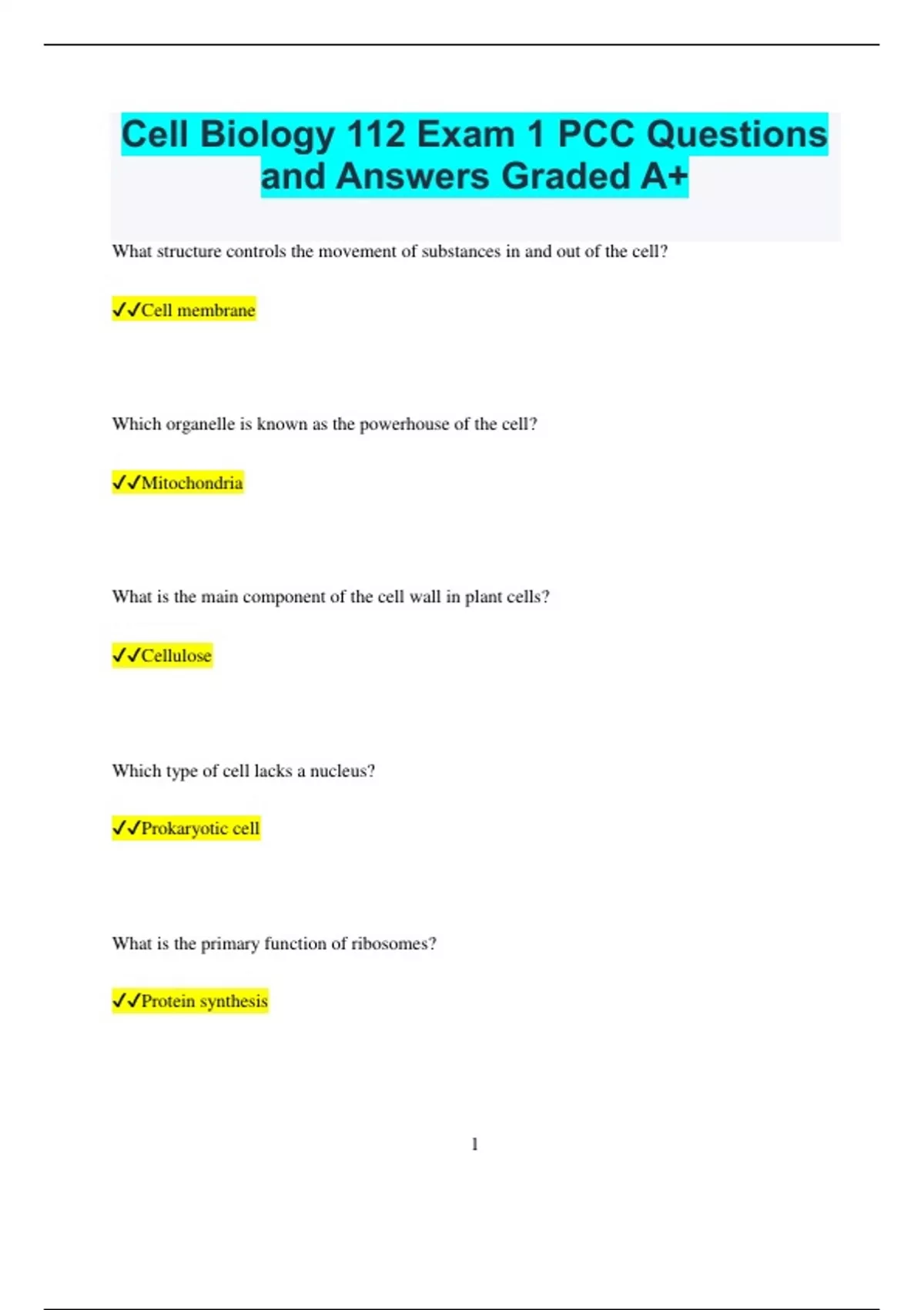 Cell Biology 112 Exam 1 PCC Questions and Answers Graded A+ - Cell ...