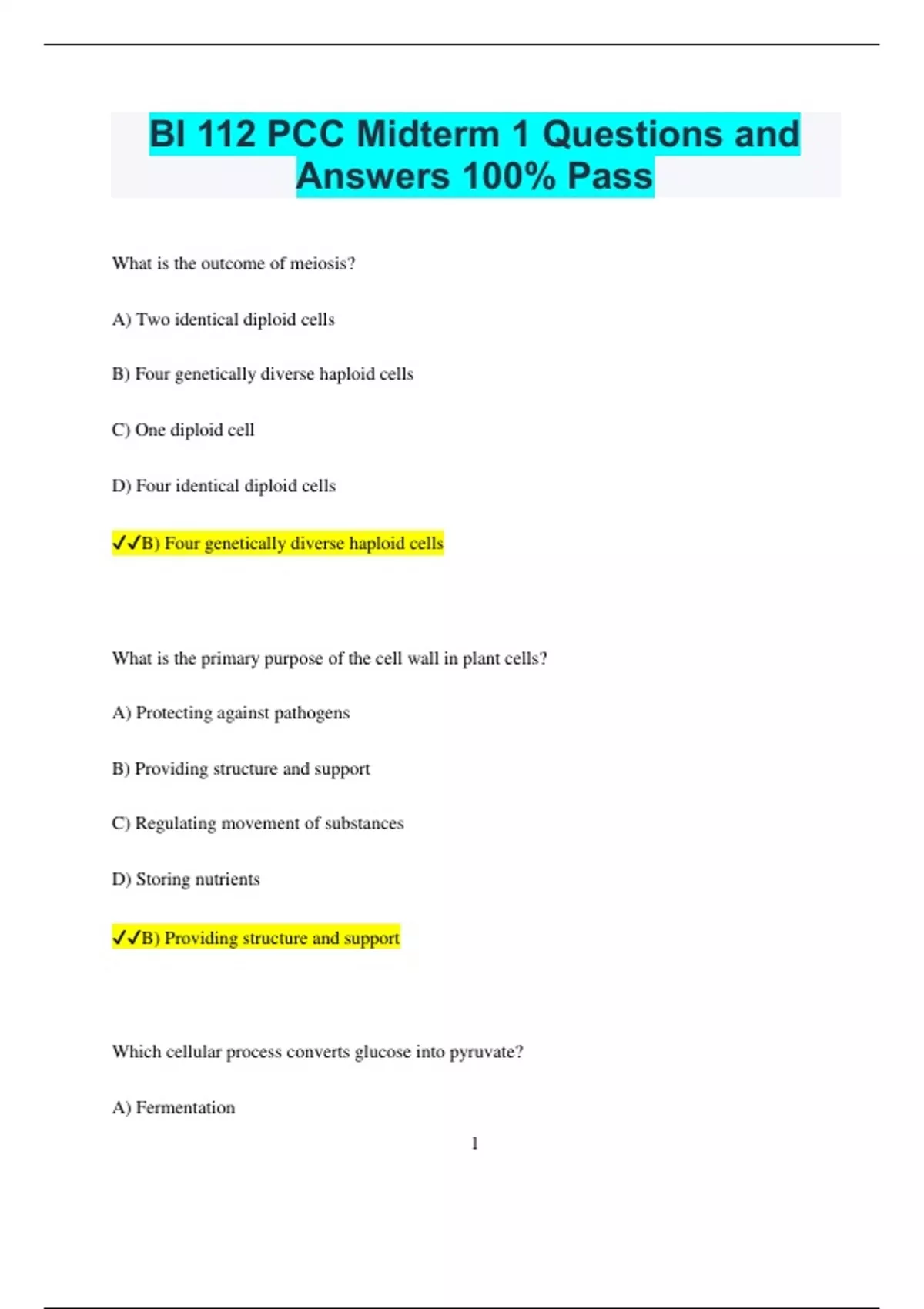 BI 112 PCC Midterm 1 Questions and Answers 100% Pass - BI 112 PCC Mid ...