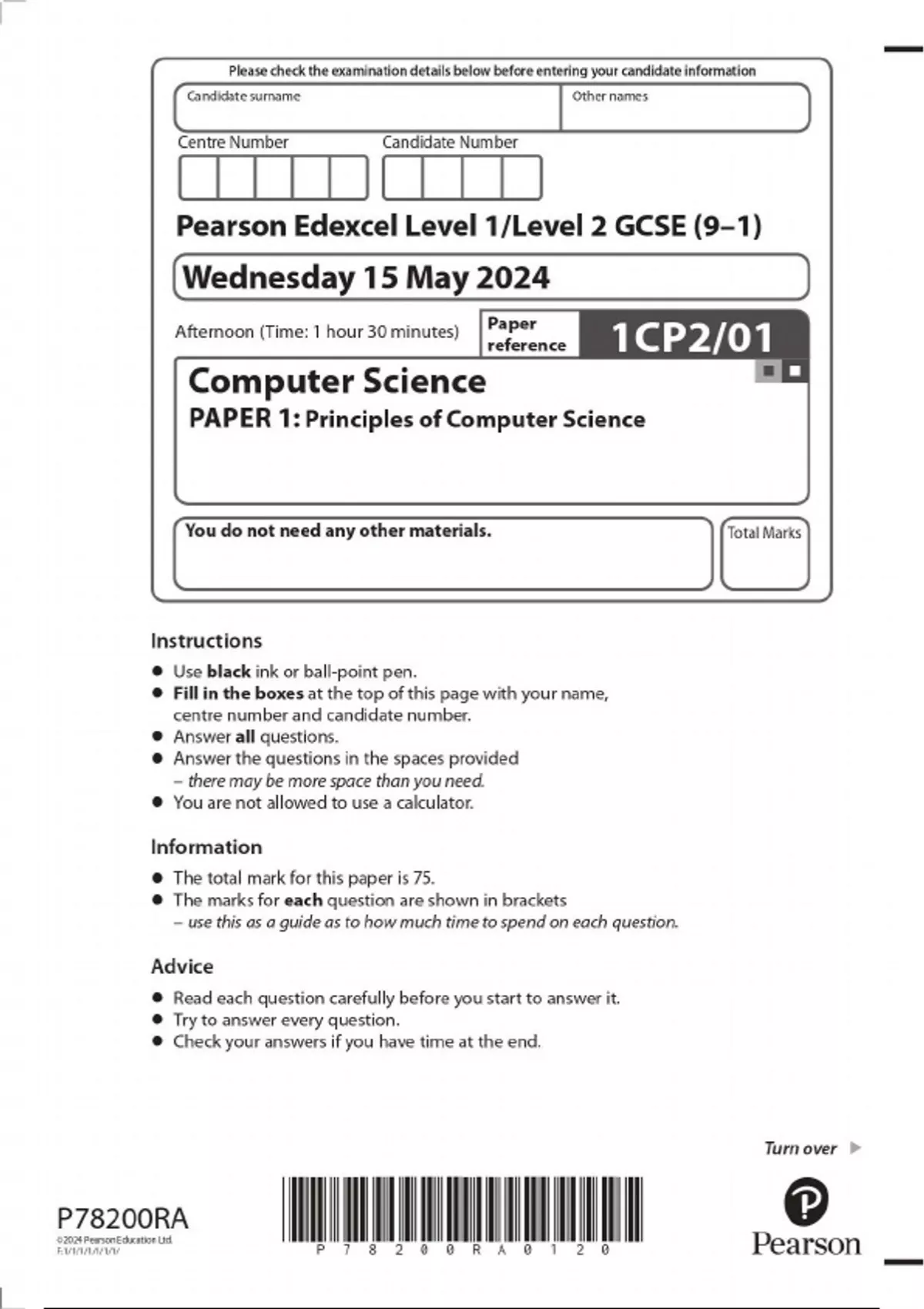 GCSE EDEXCEL May 2024 Computer Science Paper 1 - Computing - Stuvia UK