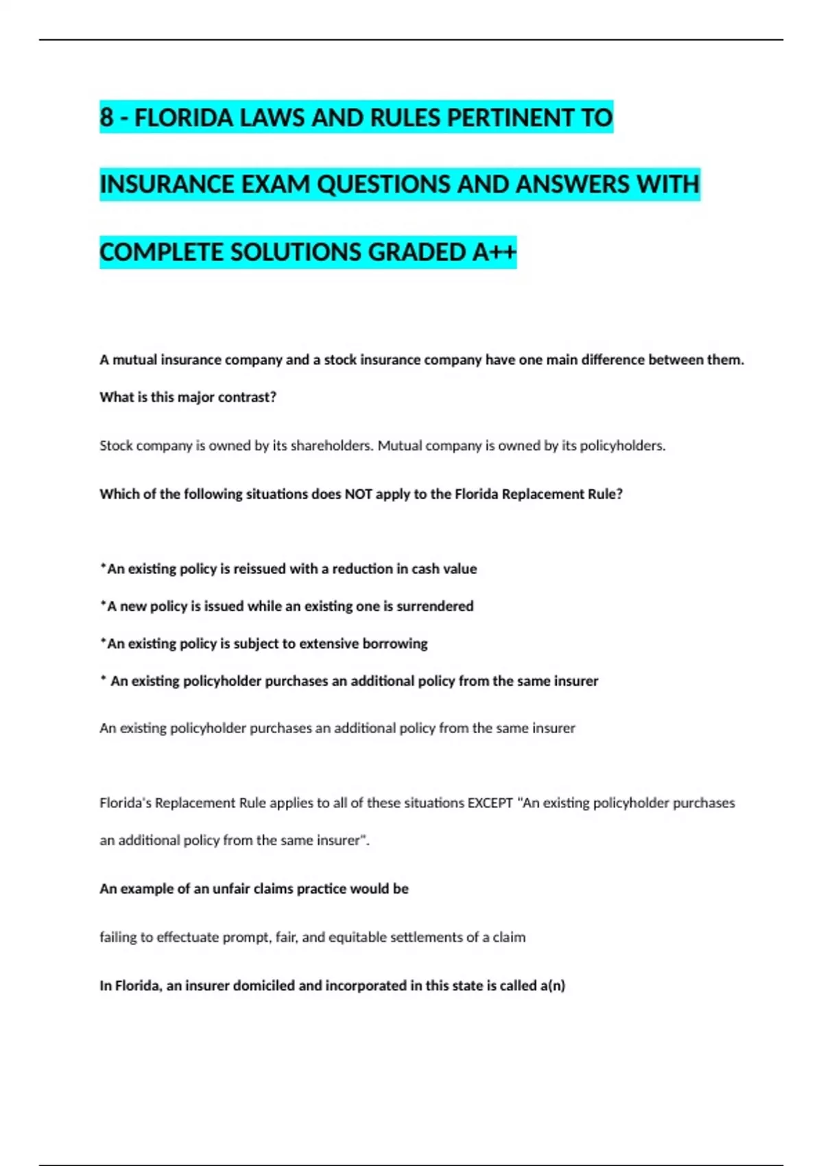 8 - FLORIDA LAWS AND RULES PERTINENT TO INSURANCE EXAM QUESTIONS AND ...