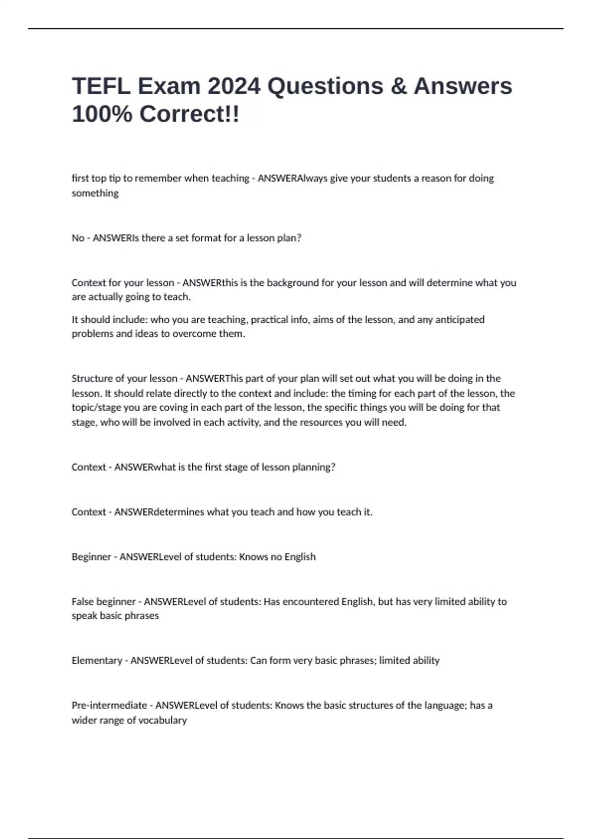 TEFL Exam 2024 Questions & Answers 100% Correct!! - TEFL - Stuvia US