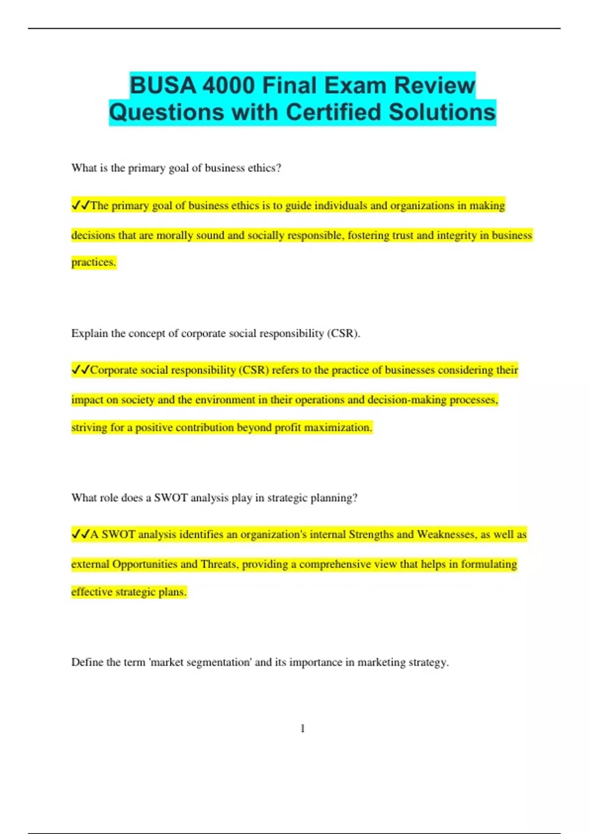 BUSA 4000 Final Exam Review Questions with Certified Solutions - BUSA ...
