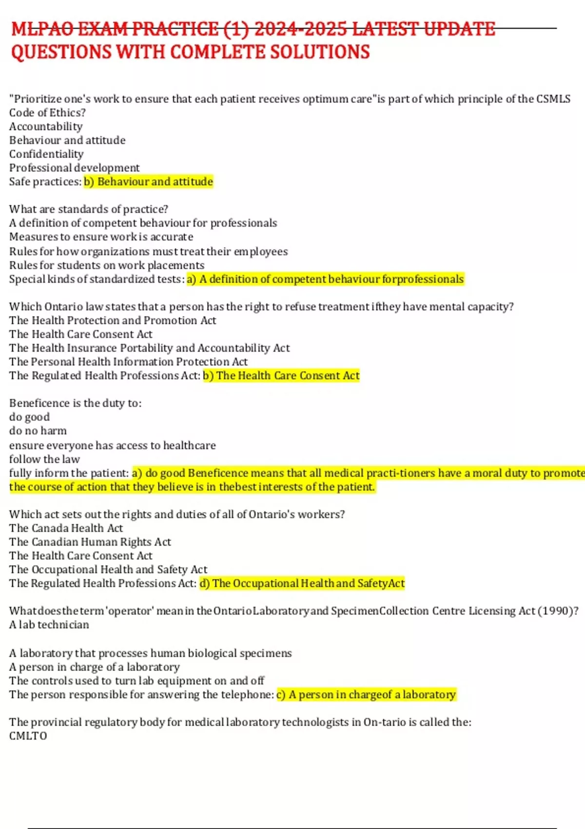 MLPAO EXAM PRACTICE (1) LATEST UPDATE QUESTIONS WITH COMPLETE SOLUTIONS ...