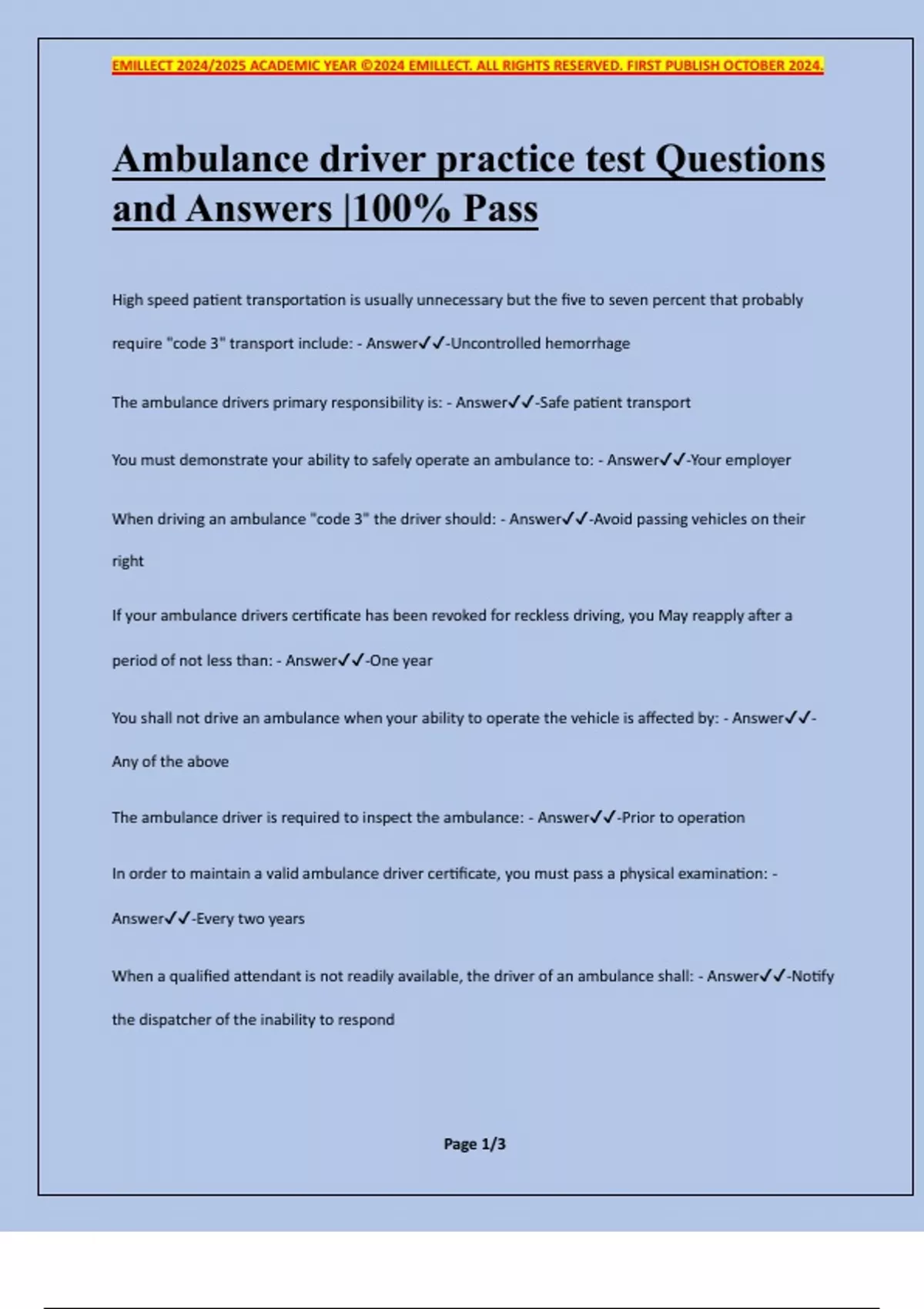 Ambulance driver practice test Questions and Answers |100% Pass ...