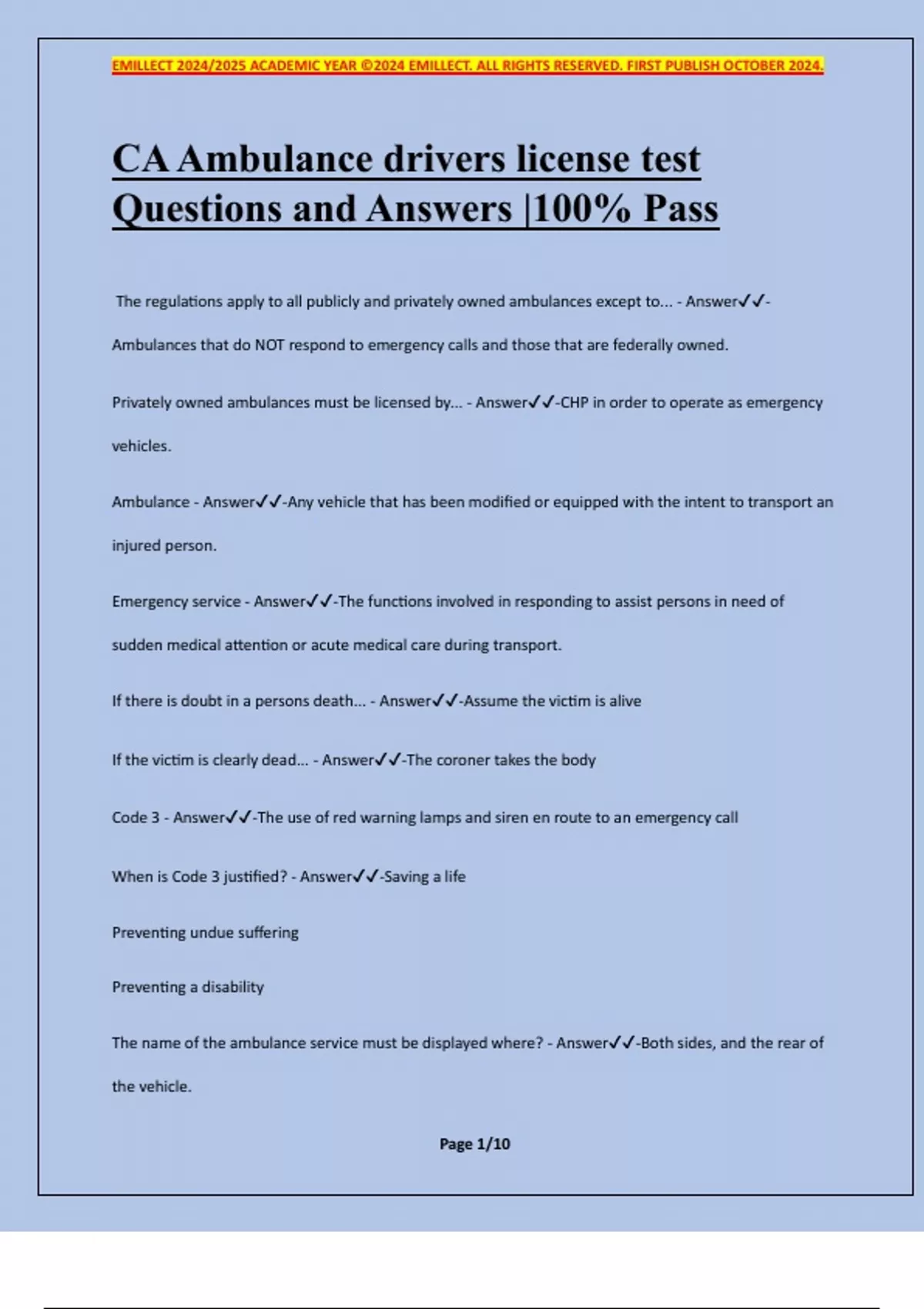 CA Ambulance drivers license test Questions and Answers |100% Pass ...
