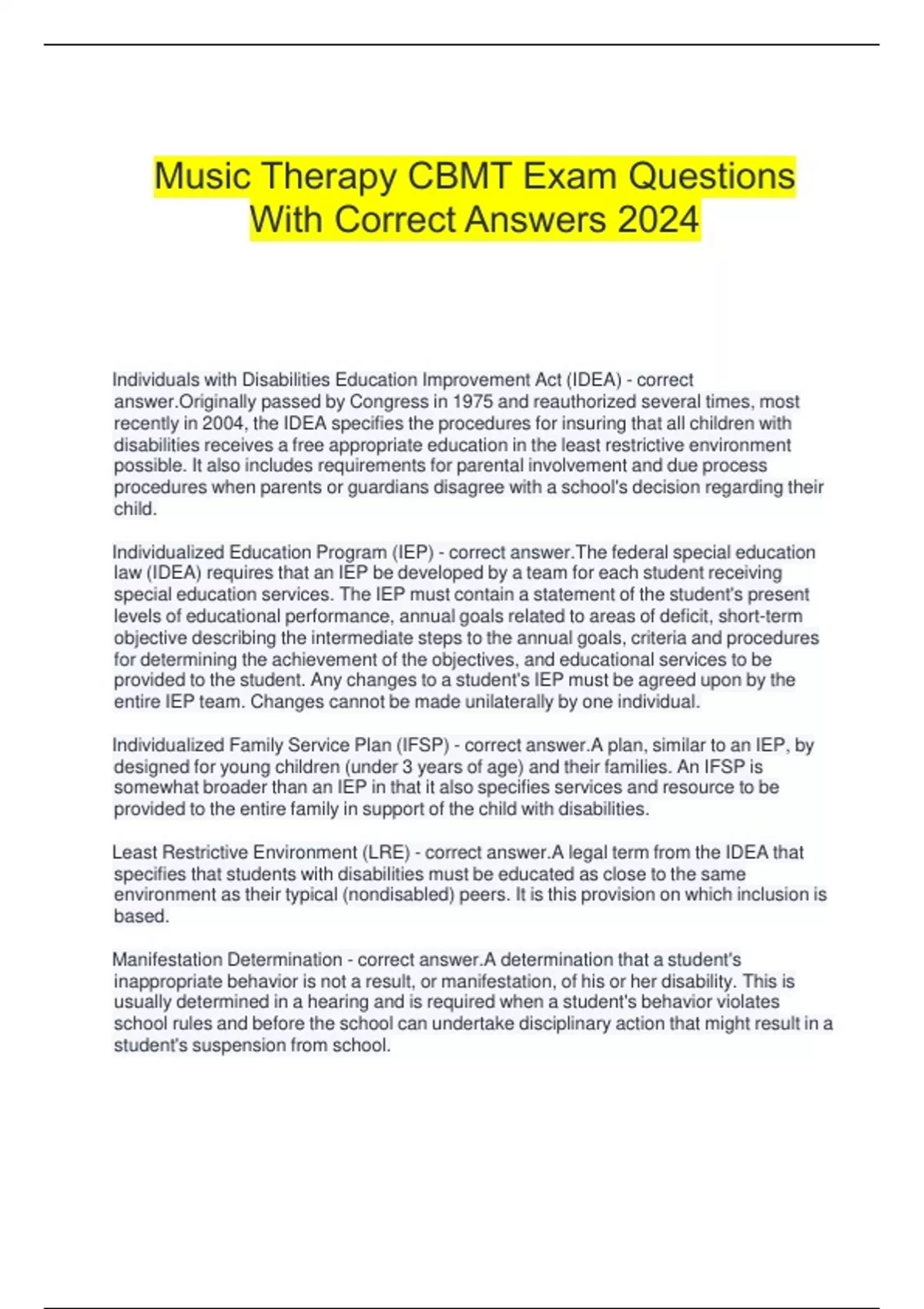 Music Therapy CBMT Exam Questions With Correct Answers 2024 - Music ...