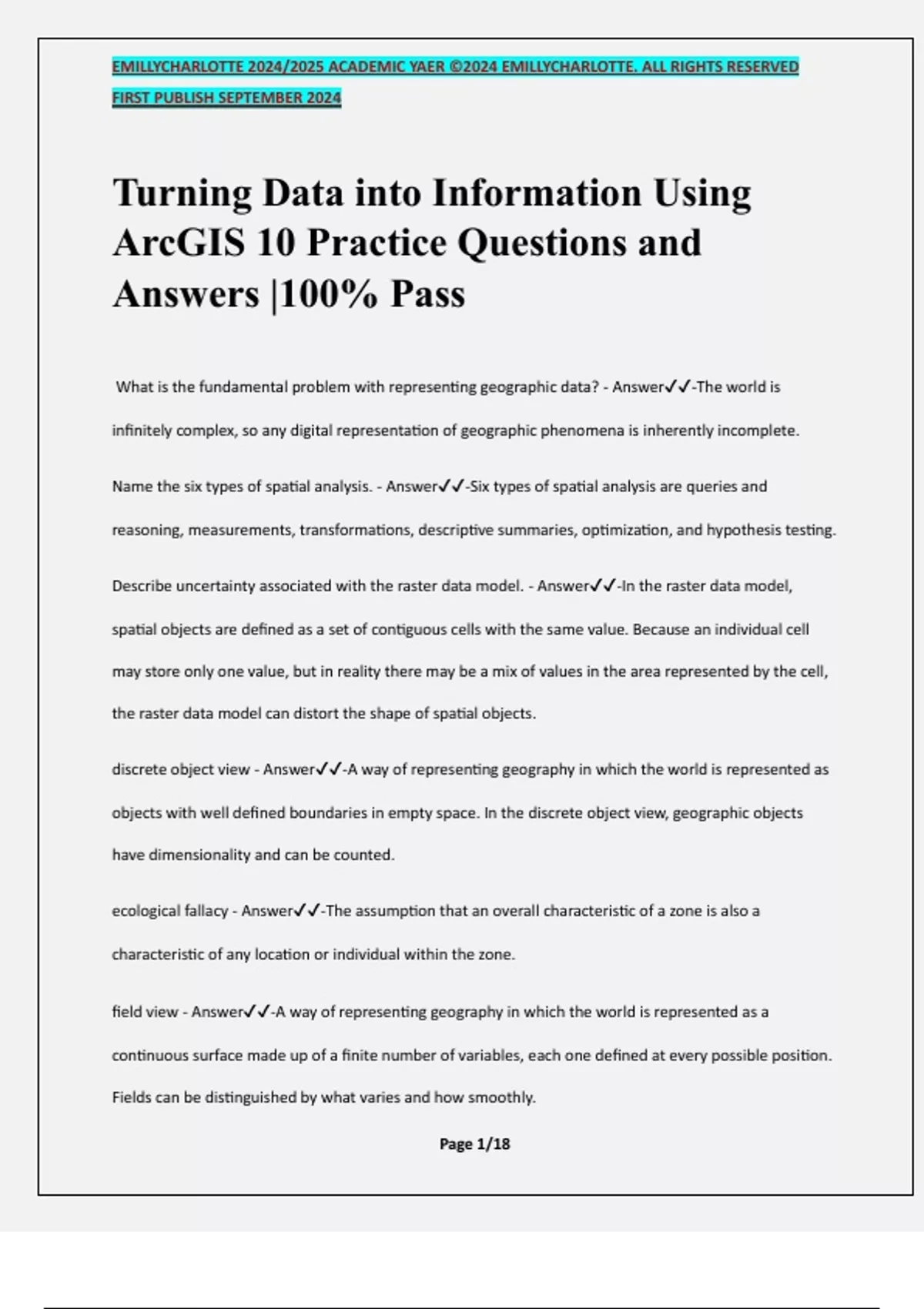 Turning Data into Information Using ArcGIS 10 Practice Questions and Answers |100% Pass - ArcGIS ...